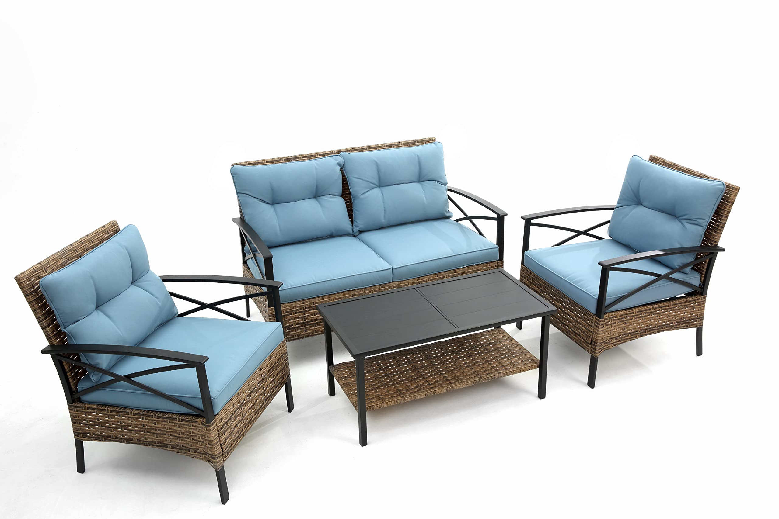 Hlcodca Outdoor Patio Furniture Sectional Sofa Set,4-Piece Rattan Wicker Dining Conversation Patio Set with Cushion & Table for Porch Yard Pool or Backyard (Blue/Garden@)
