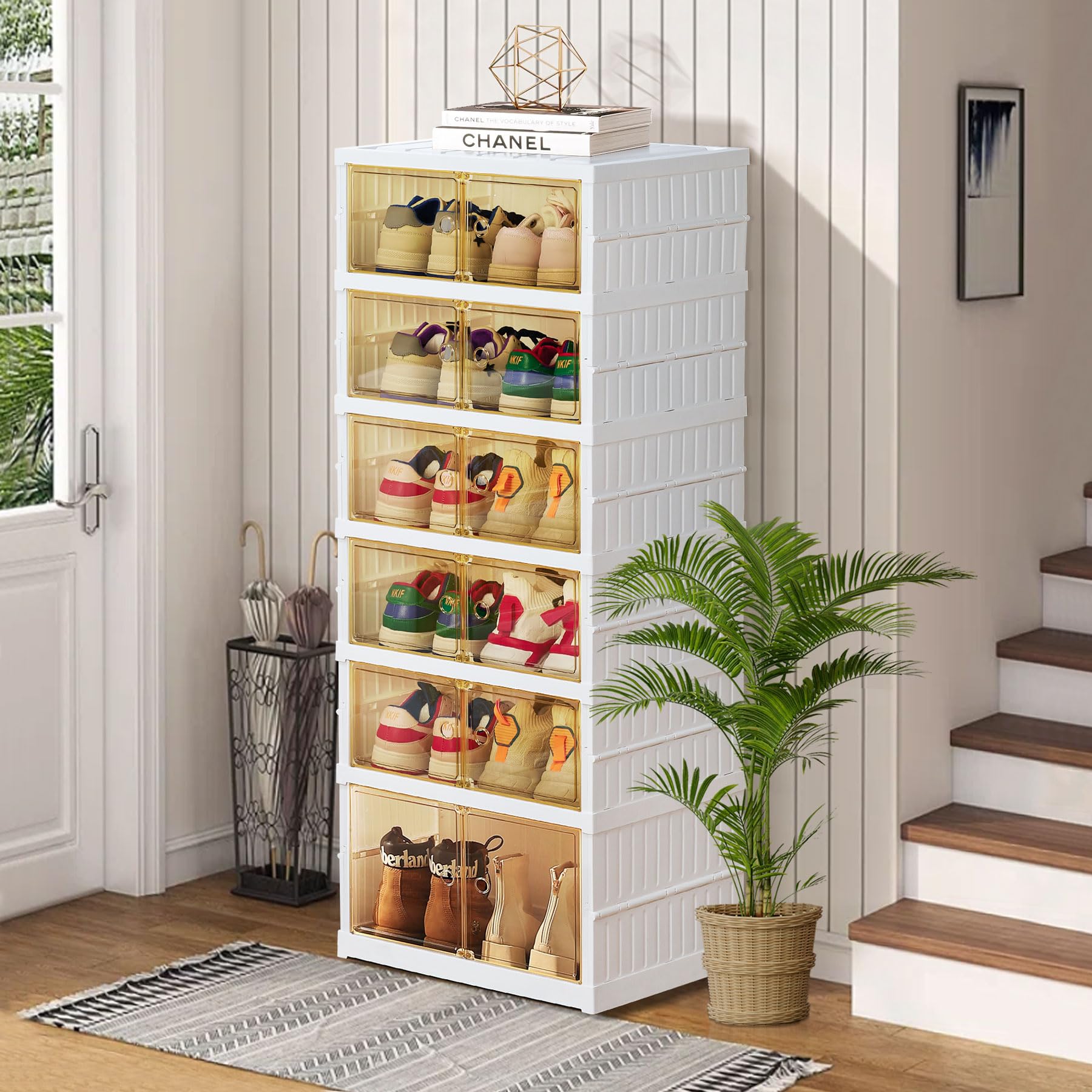AOHMPT Foldable Storage Box - Clear Stackable Shoe Organizer with Lids - Large 6 Layer Shoe Rack Cabinet