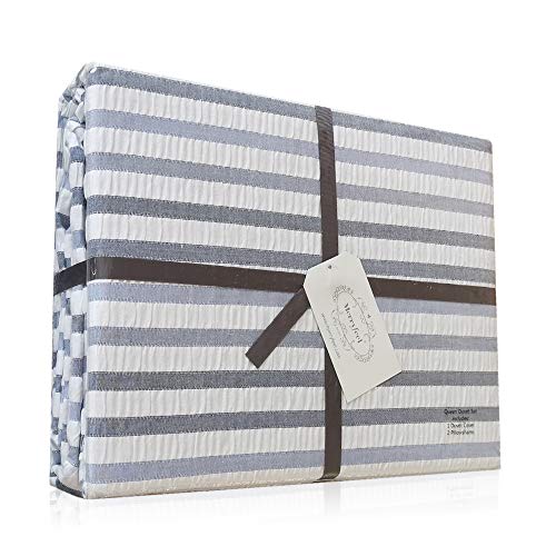 Merryfeel Seersucker Duvet Cover Set King,100% Cotton Woven Seersucker Stripe Bedding Set,3 Pieces (1 Comforter Cover with 2 Pilowwshams)- Blue King