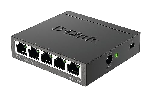 D-Link Ethernet Switch, 5 Port Gigabit Unmanaged Metal Desktop Plug and Play Compact (DGS-105),Black