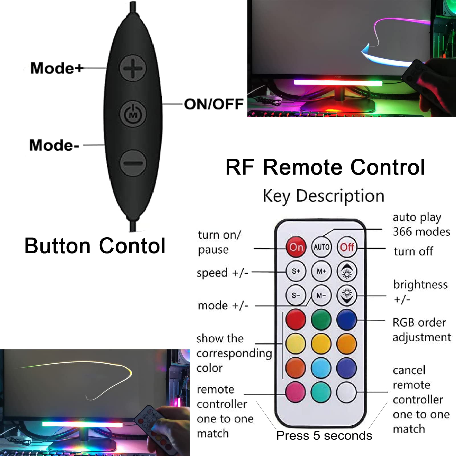 Airgoo Addressable RGB Light Bar, 0.98ft 30LEDs Diffused Rainbow Ambient Gaming Lights, Ambiance Backlights with Remote Controller, USB Powered, for Gaming, PC Setup, Desk Stand, Room Decoration
