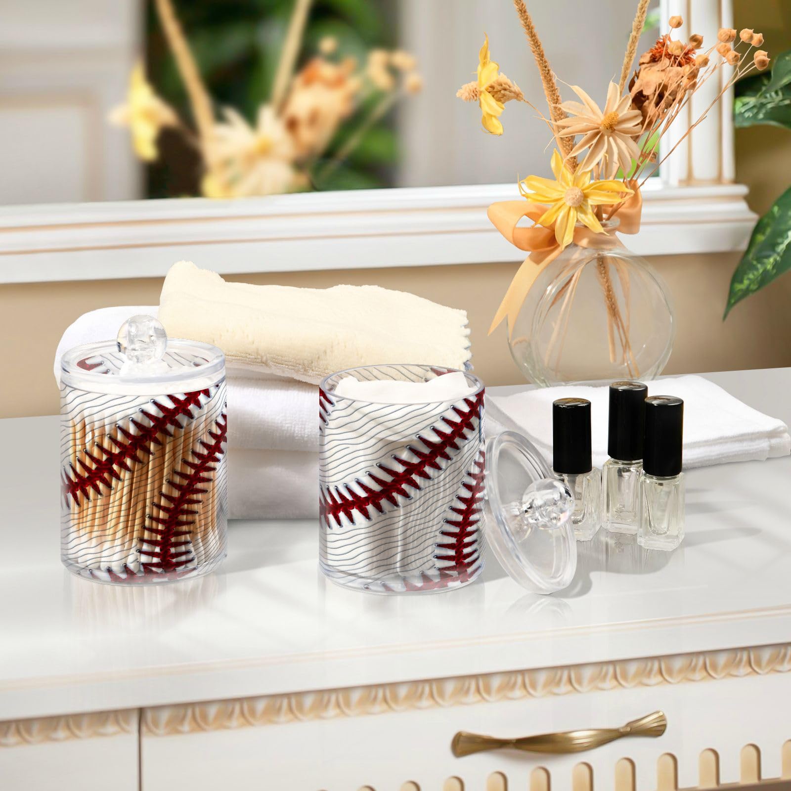 ATTX Sport Baseball Print Qtip Holder Dispenser for Cotton Ball, Cotton Swab,Plastic Clear Apothecary Jar, Home Décor Kitchen Storage Jar,2 Pack
