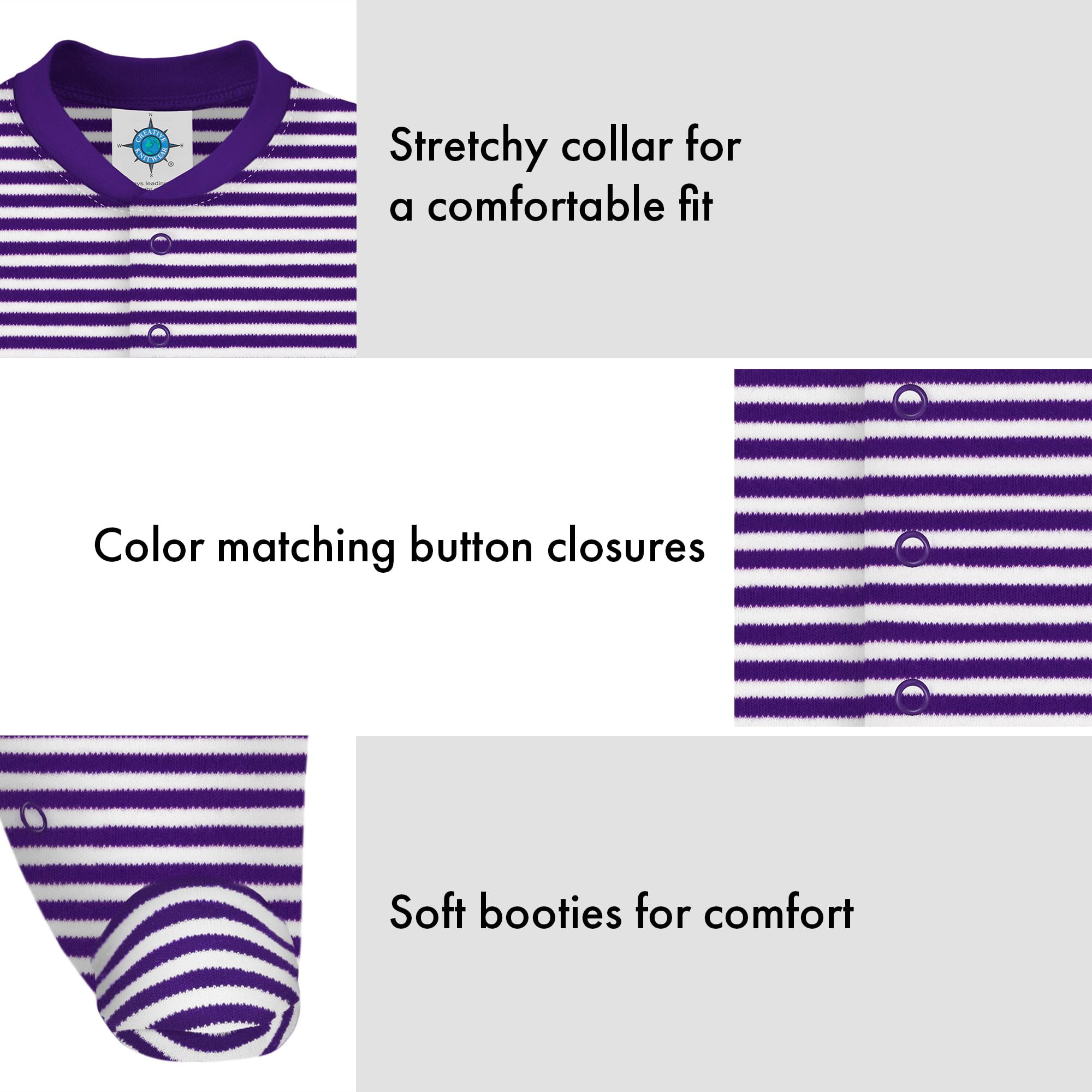 Creative Knitwear College Baby Striped Footed Romper - LSU Tigers Logo - Purple/White - 0-3 Months