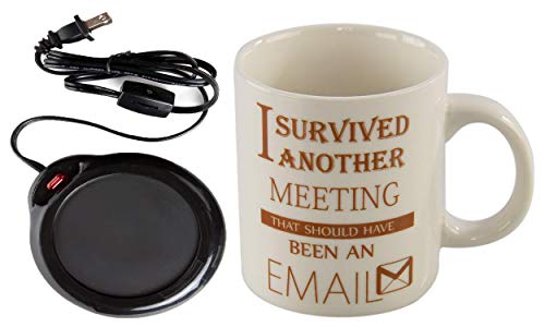 Home-X Mug Warmer, Desktop Heated Coffee & Tea - Candle & Wax Warmer (Black) and I Survived Another Meeting Coffee Mug 6.57 x 6.18 x 5.67”