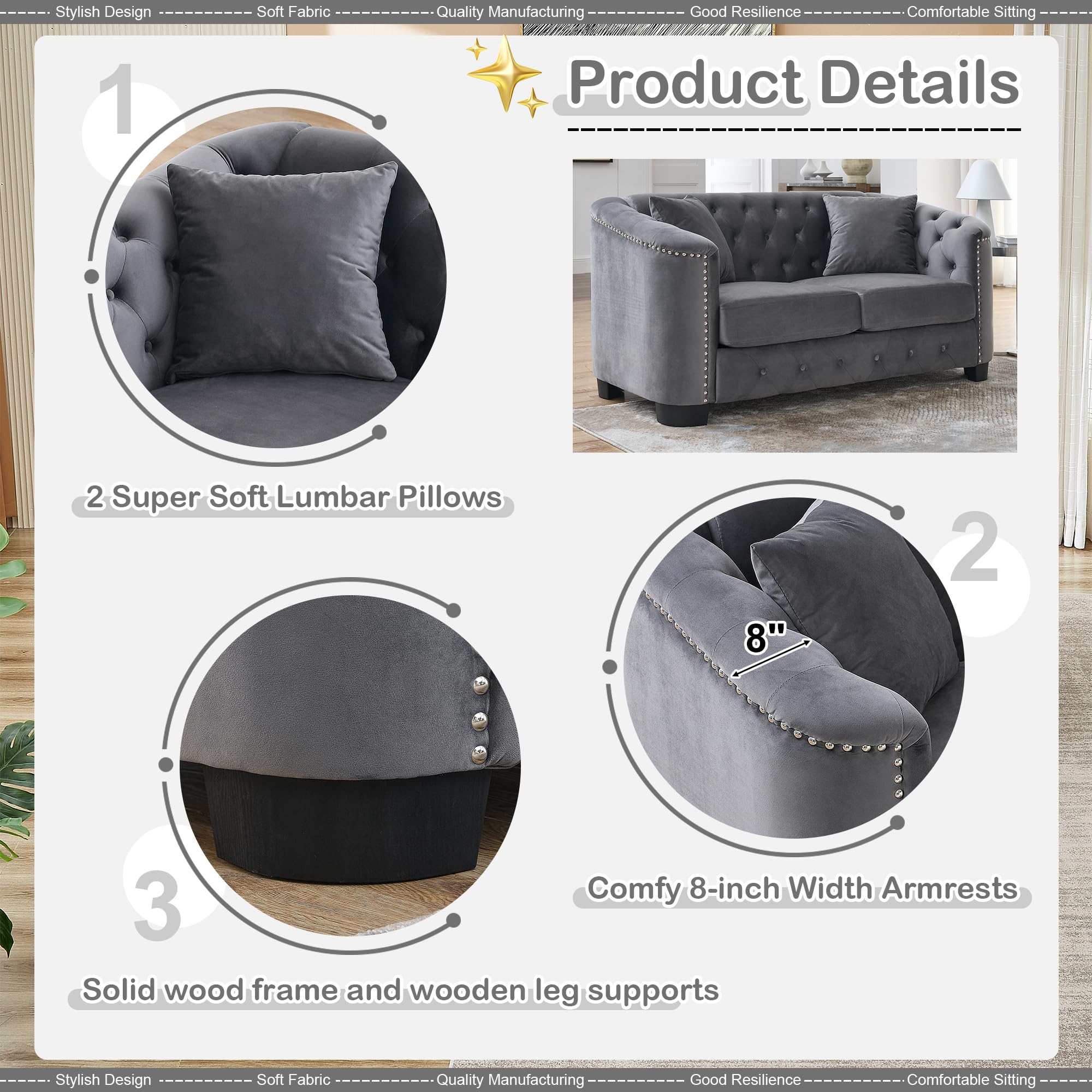 ATUMON 59" Modern Velvet Loveseat Chesterfield Sofa for Living Room,2-Seater Sofa,Upholstered Tufted Backrests with Nailhead Arms and 2 Cushions for Bedroom-Grey