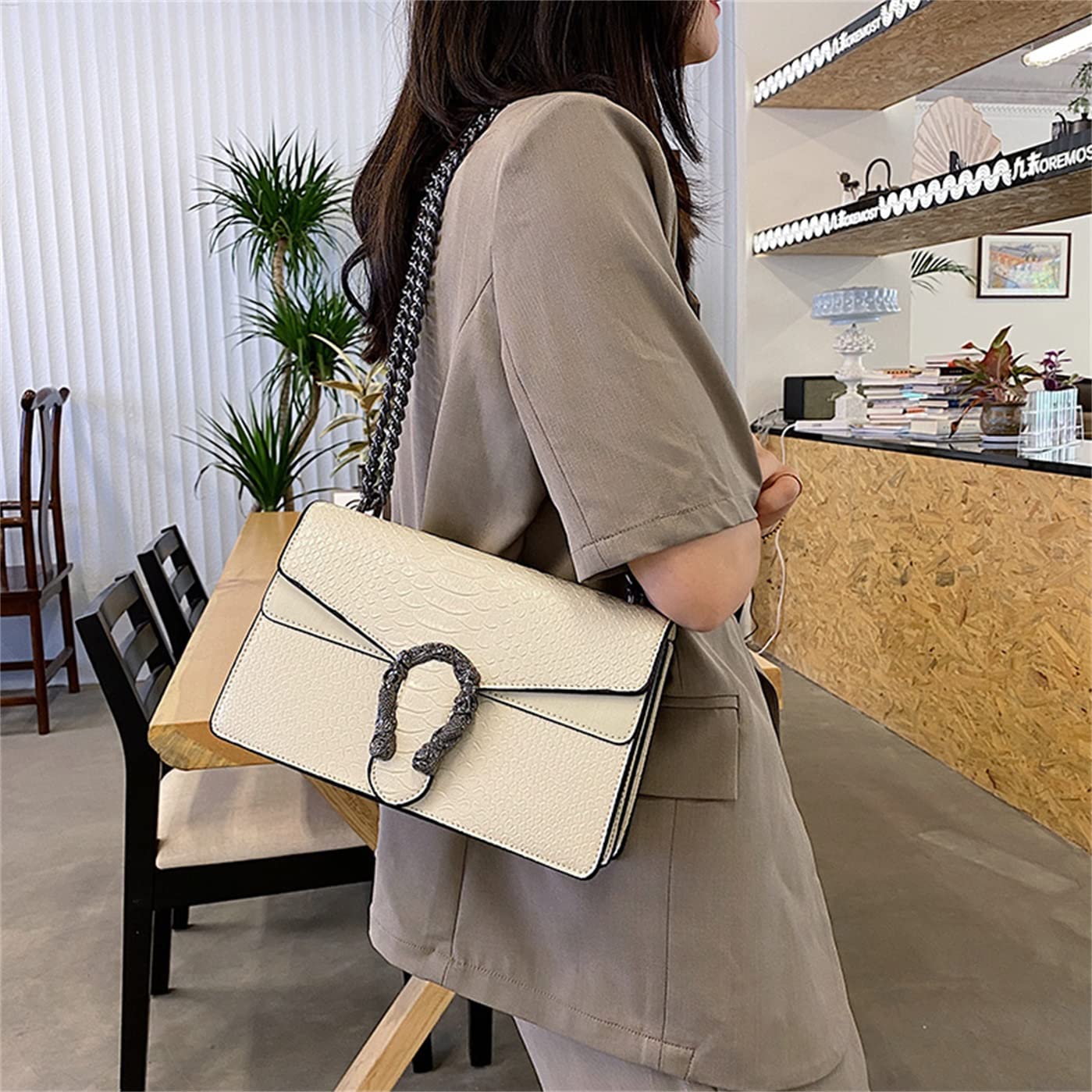 Crossbody Bags for Women Shoulder Hangbag Snake Printed Leather Small Square Satchel Purse Metal Chain Strap Clutch