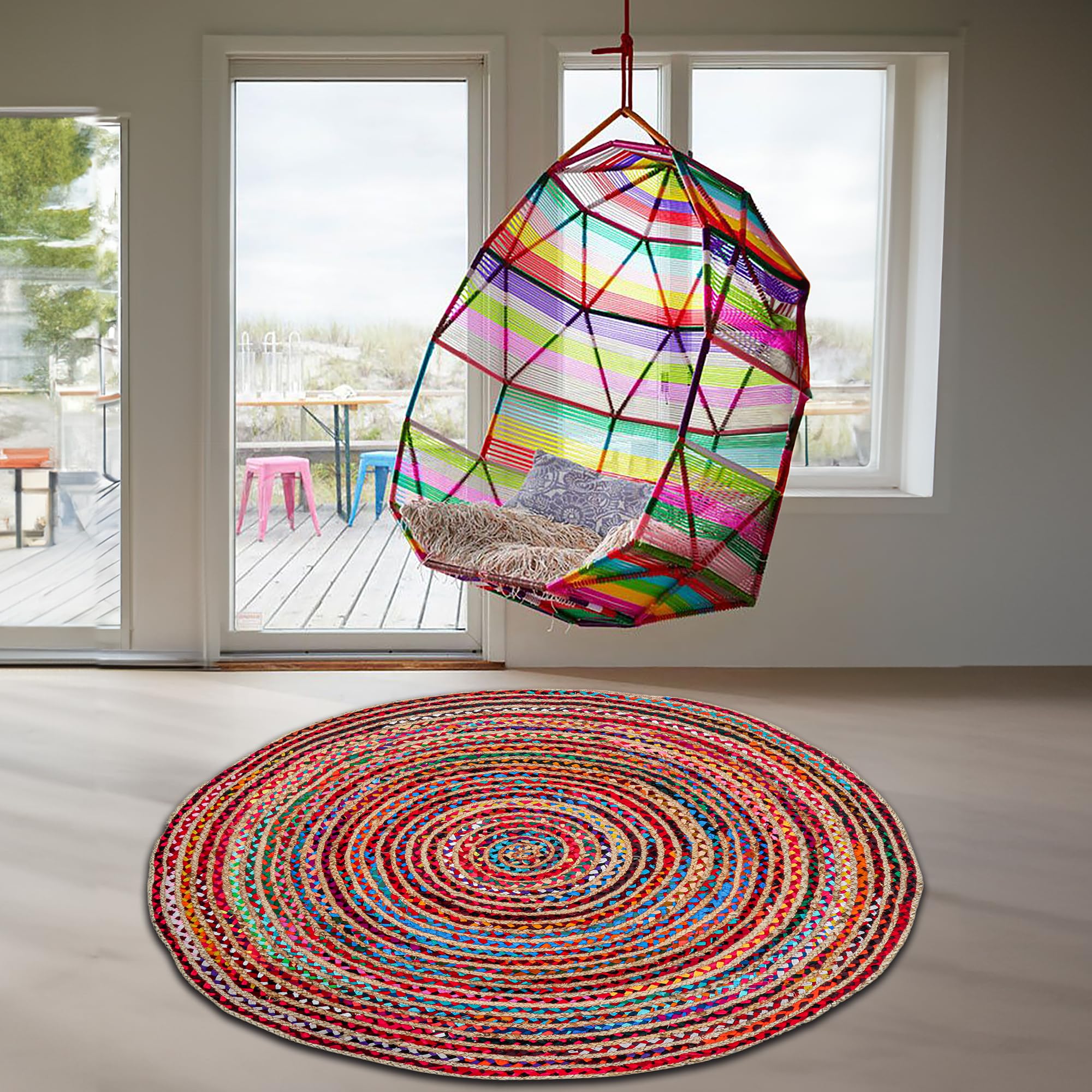 RIANGI - 4' Round Handwoven Jute Chindi Area Rug - Colorful Boho Rugs for Living Room - Hand Braided Multicolor Bohemian Rug for Farmhouse, Bedroom, Dining Room, Classroom, Hallway, Kitchen, Office