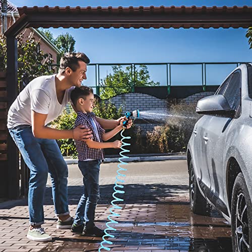 Yereen Coil Garden Hose 25FT, EVA Recoil Garden Hose, Transparent Self-coiling Water Hose with 3/4" Brass Connector Fittings with 10 Function Spray Nozzle, Blue