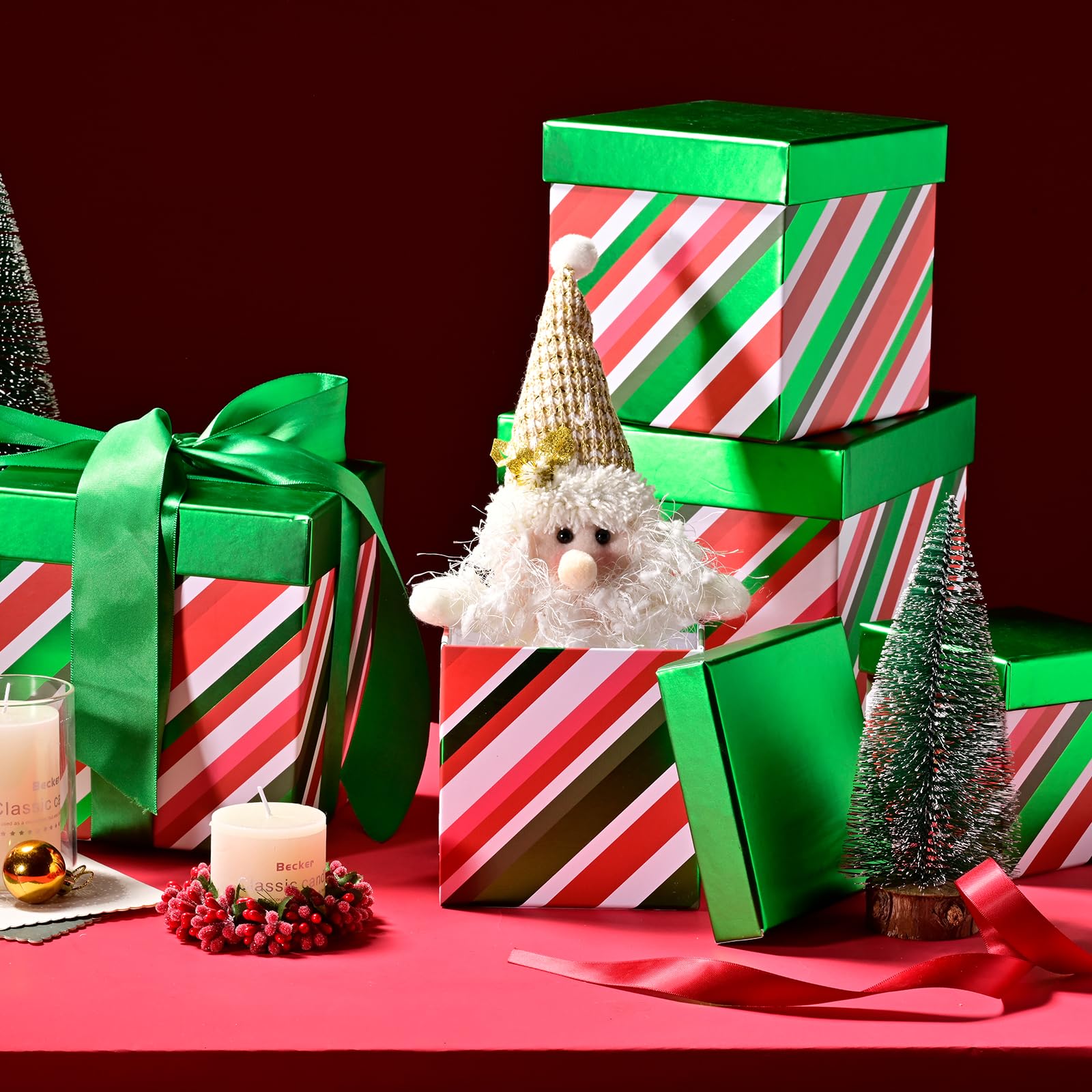 PAPER FAIR 5PCS Christmas Nesting Gift Boxes with Lid, Xmas Nested Box Set, 5 Sizes, Square Stackable, Green Red Stripe Paper Box Tower Décor with Satin Ribbon, for Holiday Thanksgiving New Year