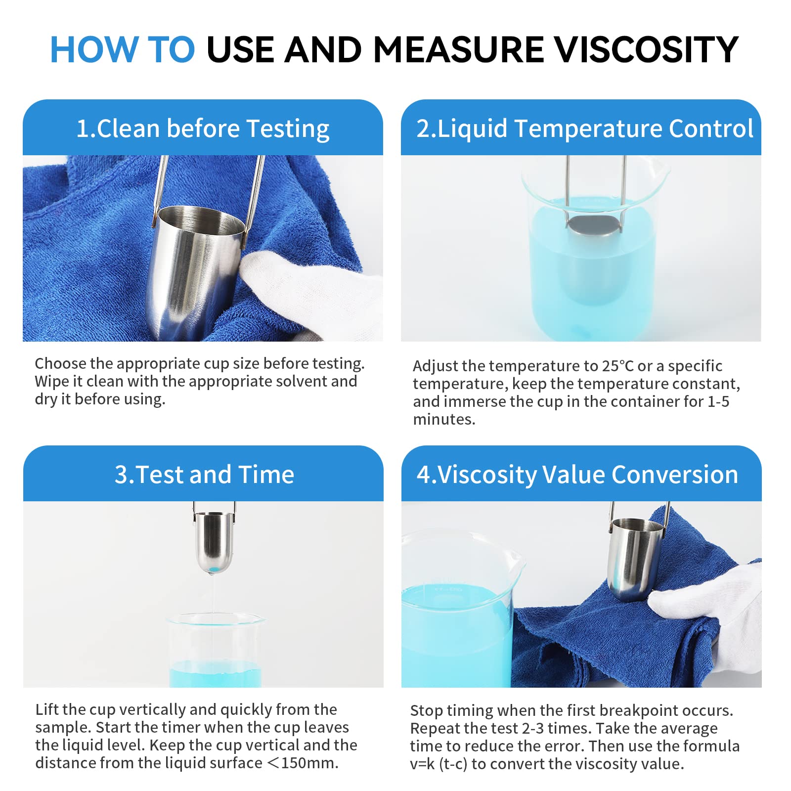 BAOSHISHAN NO.4 Zahn Cup Viscosity Cup #4 Dip Type 44ml Stainless Steel Viscometer Flow Cup for Paint Finishes Oil
