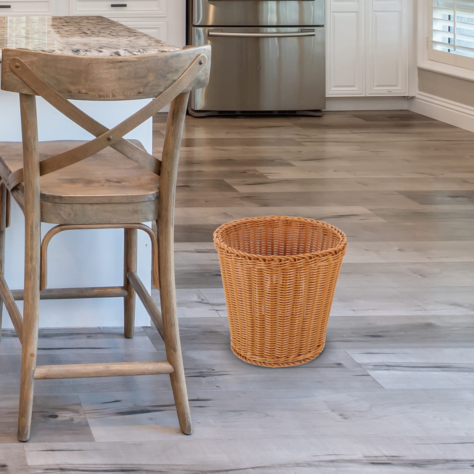Amosfun Rattan Waste Basket Wicker Trash Can Waste Woven Basket Boho Woven Trash Can Wastepaper Bin Woven Storage Basket Garbage Container for Bathrooms Kitchen