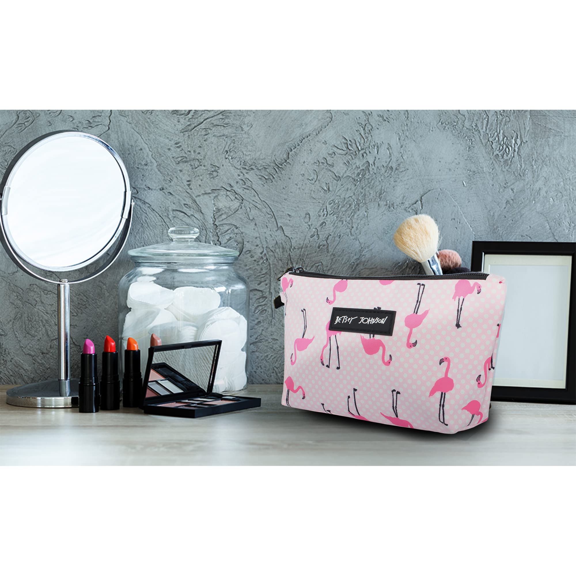 Betsey Johnson 8.5 Inch Zipper Cosmetic Pouch Small Toiletry BagâLightweight Durable Polyester Organizer with Inner Zipped Pocket Good For Makeup Accessories and Travel Needs (Flamingo Strut)