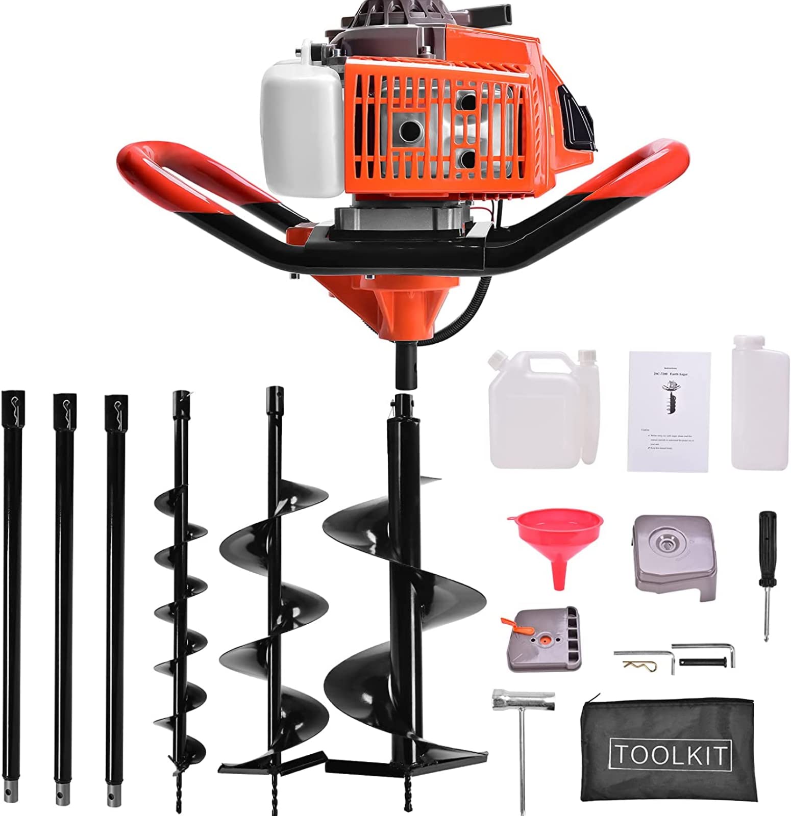 Auger Post Hole Digger Gas Powered 72CC 4HP 2 Stroke Earth Ground Auger with 3 Garden Auger Spiral Drill Bits 4" & 8" & 12", 3 Extension Rods for Planting, Post Hole Digging, Drilling