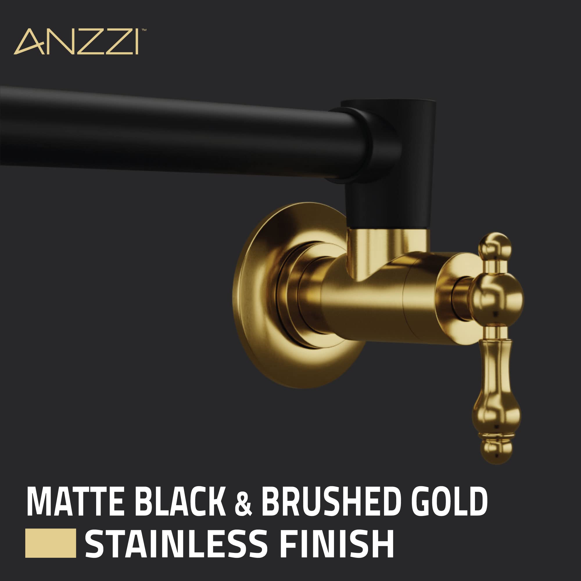 Anzzi Wall Mount Pot Filler Faucet, Double Joint Swing Arms, Single Hole, Solid Brass Interior, Stainless Steel Finish, Matte Black & Brushed Gold, 2 Handle (KF-AZ259MBBG)