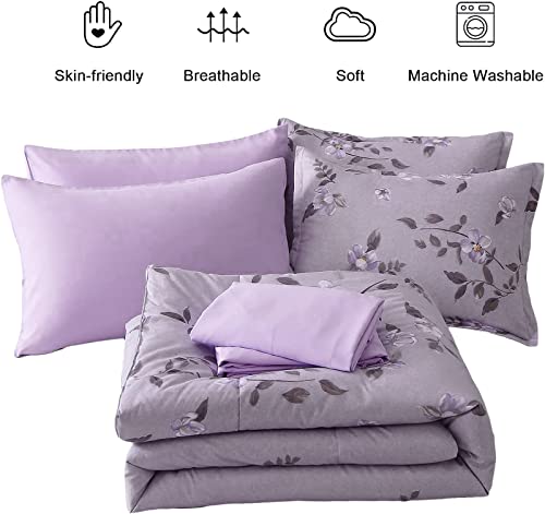 Yiran 7 Pieces Bed in a Bag Purple Botanical Plant Flowers Comforter Set Soft Microfiber Bedding Queen Comforter Sets with 1 Comforter 2 Pillowshams 1 Flat Sheet 1 Fitted Sheet and 2 Pillowcases