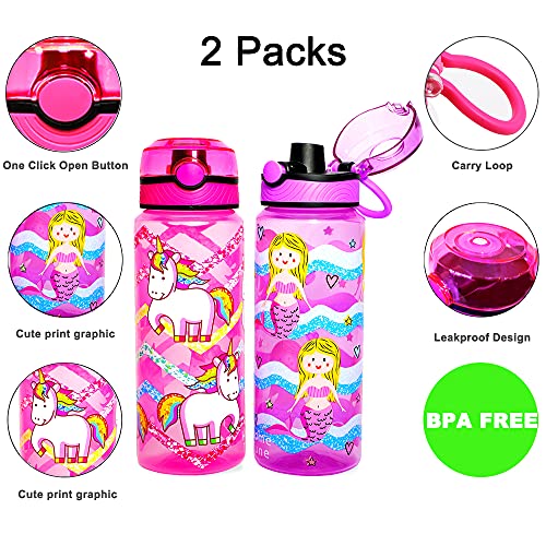 Home Tune 23oz Kids Water Drinking Bottle 2 Pack - BPA Free, Auto Push Button, Chug Lid, Carry Loop Lightweight, Leak-Proof Water Bottle with Cute Design For Girls & Boys - Unicorn & Mermaid