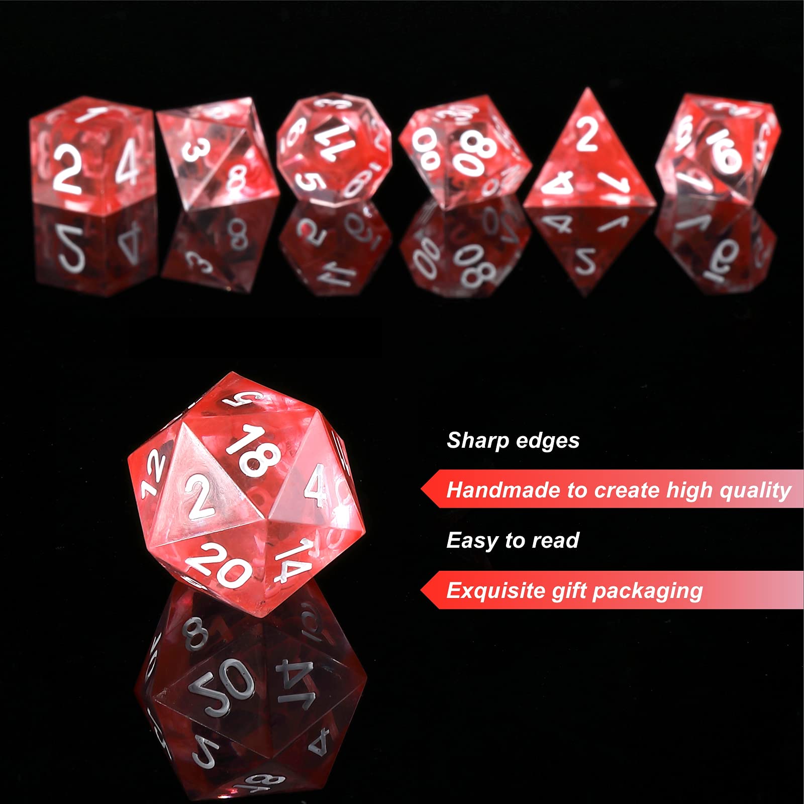 DAKAFUL DND Game Dice-Set Sharp Edges - Dungeons and Dragons Polyhedral Red Dice Set for D&D RPG MTG Table Games D4 D6 D8 D10 D12 D20