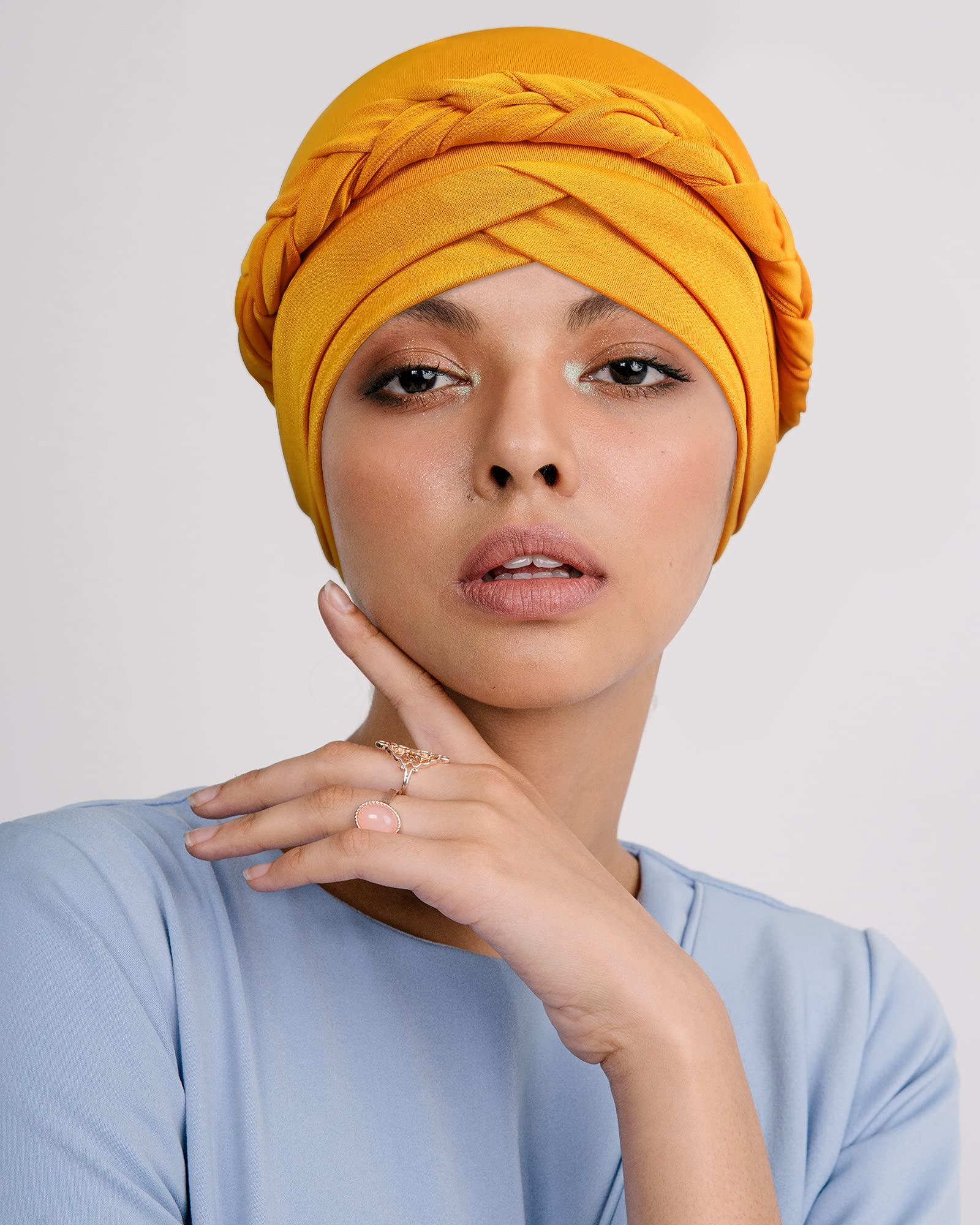 4 Pieces African Women Turban Cap Head Wraps Beaded Headscarf Beanie Wrap (Black, White, Navy, Ginger,Fresh Style)