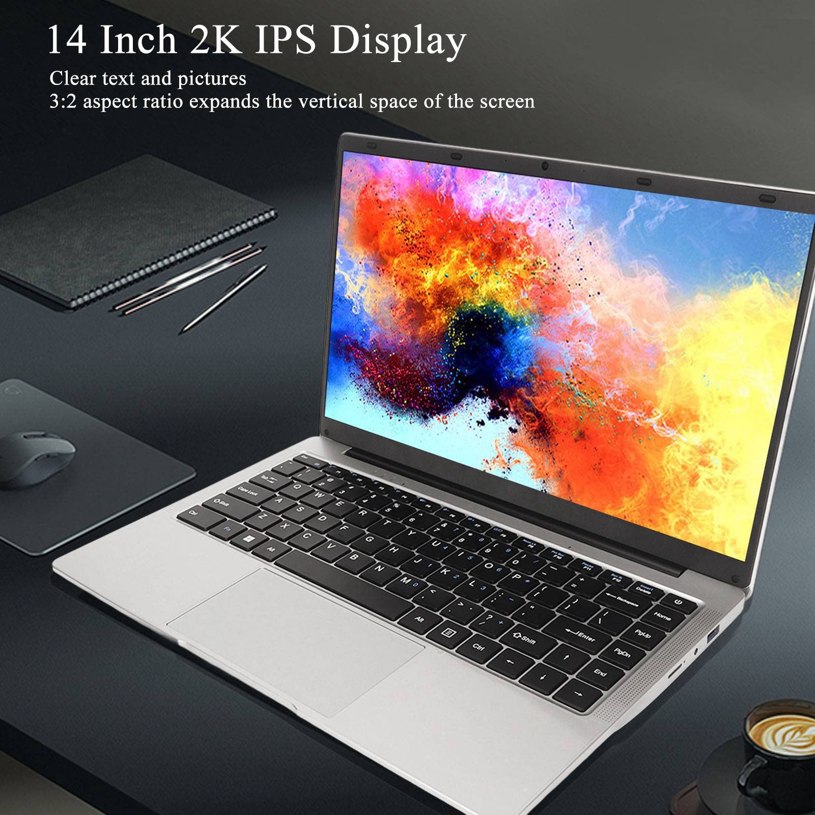 Acogedor 14 Inch 2K Resolution IPS Display Laptop, 6GB RAM 128GB SSD, Built in Dual Stereo Speakers, High Performance Microphone, Notebook PC for Windows 11