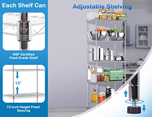Metal Shelving, 5 Tier 750 Lbs Capacity Wire Shelving with Leveling Feet, Nsf Certified Metal Shelves for Kitchen Pantry Closet Laundry Bathroom Office, 5-shelf Metal Storage Shelves Storage Rack