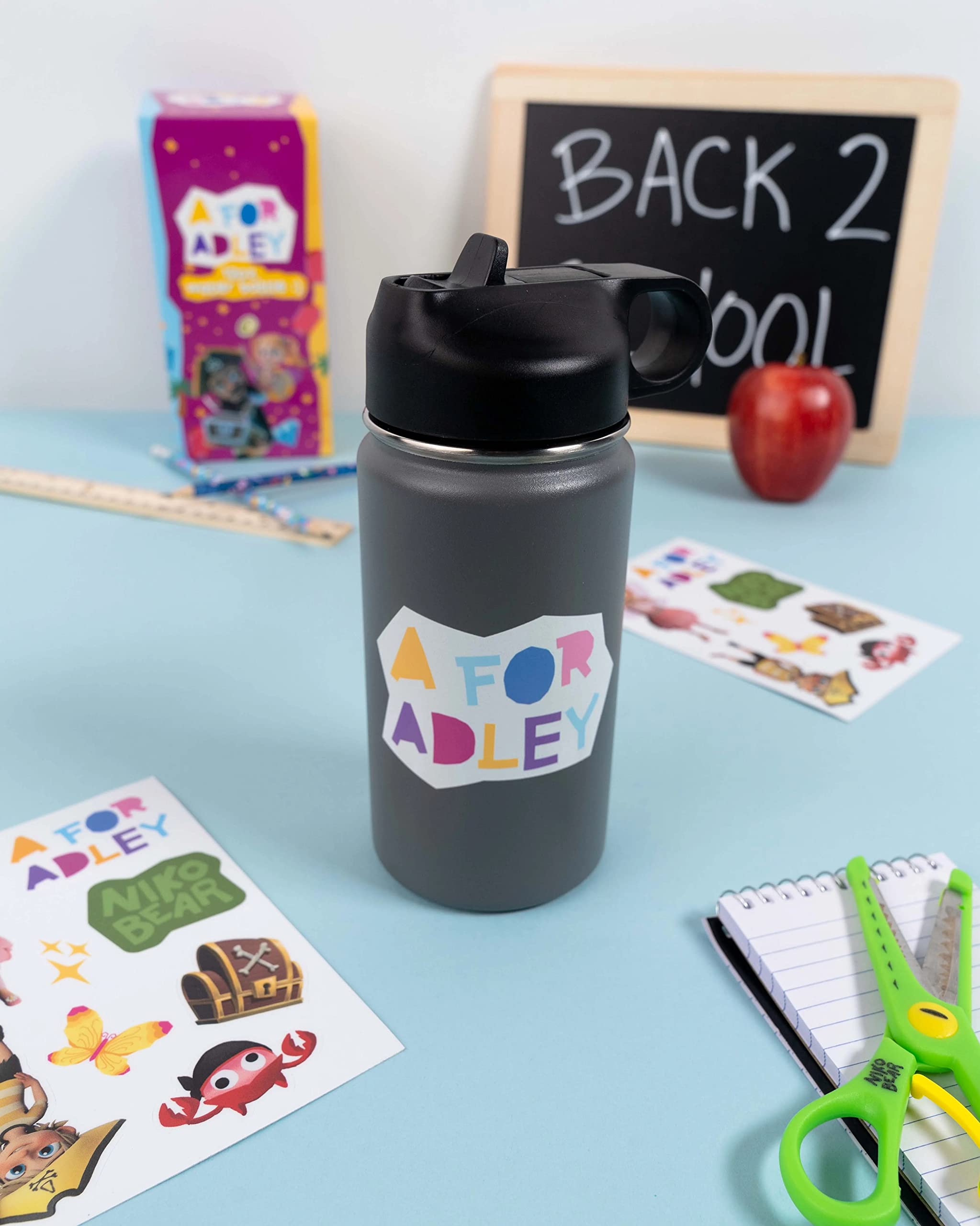A FOR ADLEY Merch, Adley's Extra Cold Grey 12oz Water Bottle With Fun Adley Sticker Pack Included