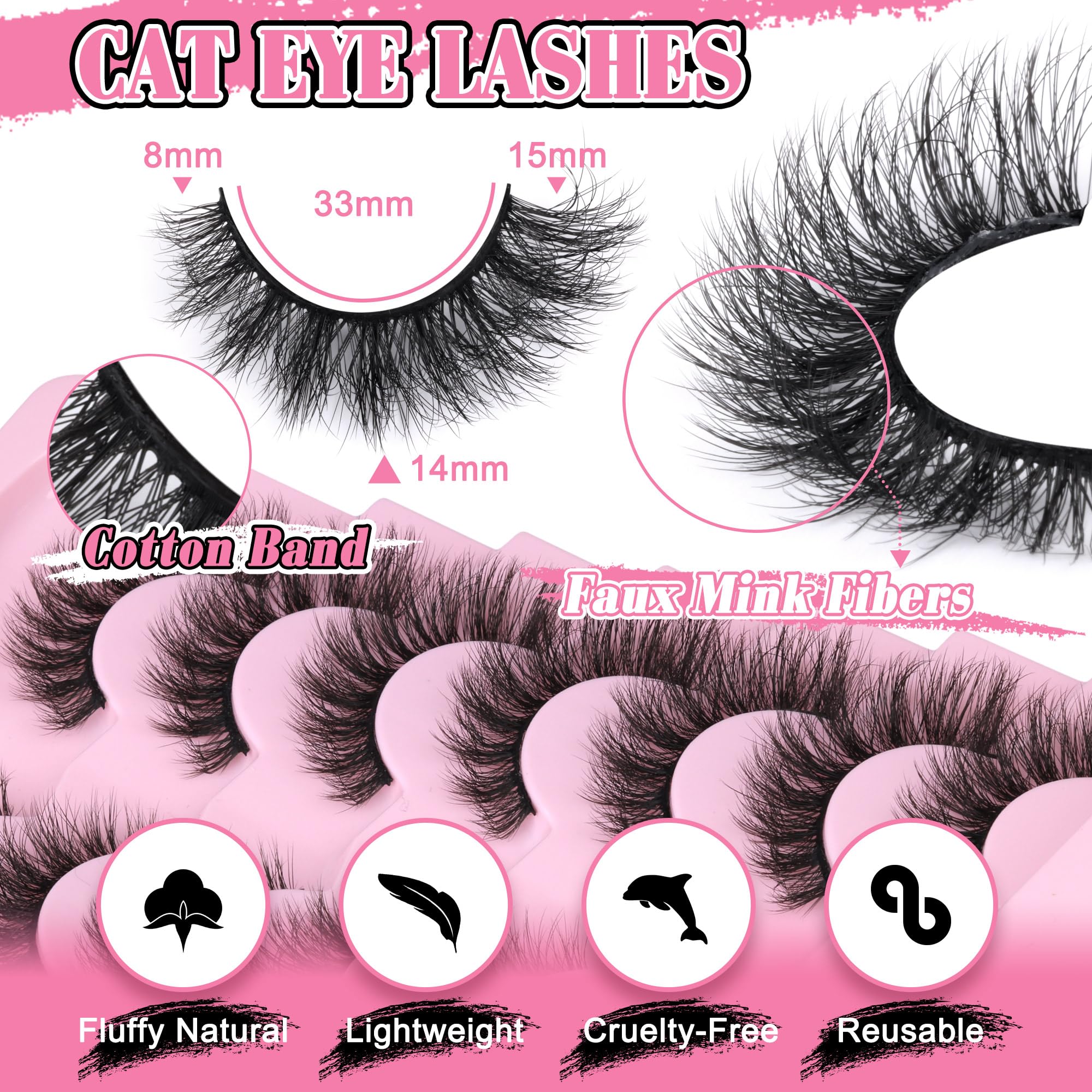 ALPHONSE Lashes Fluffy 3D Faux Mink Eyelashes 15MM Cat Eye Lashes Natural Look Wispy Strip False Lashes Pack