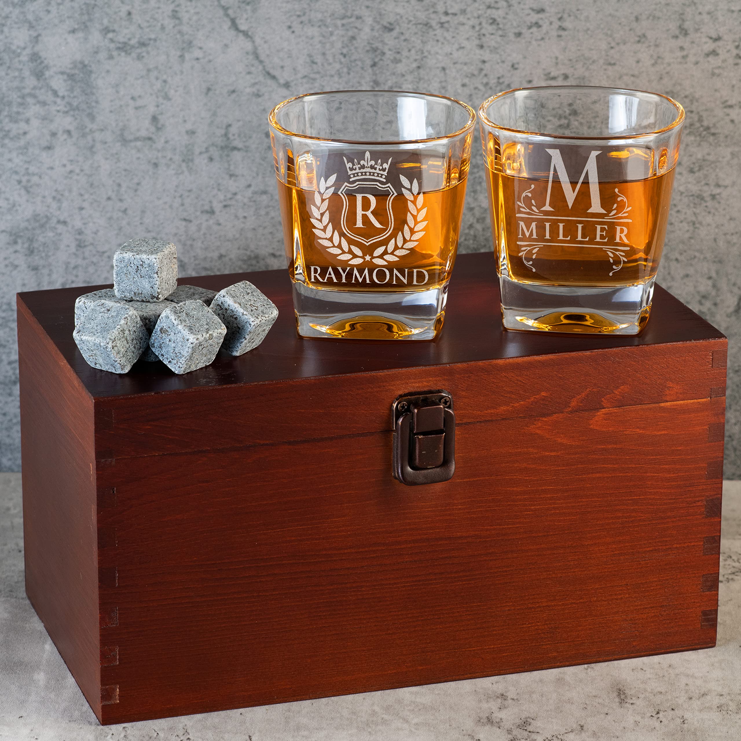 Amazing Items Set of 4 - Whiskey Gifts for Men, Personalized Whiskey Glasses w/Name & Initial - 9 Designs - 9 oz, Limited Edition Monogrammed Rocks Glasses for Whiskey, Dad Gifts