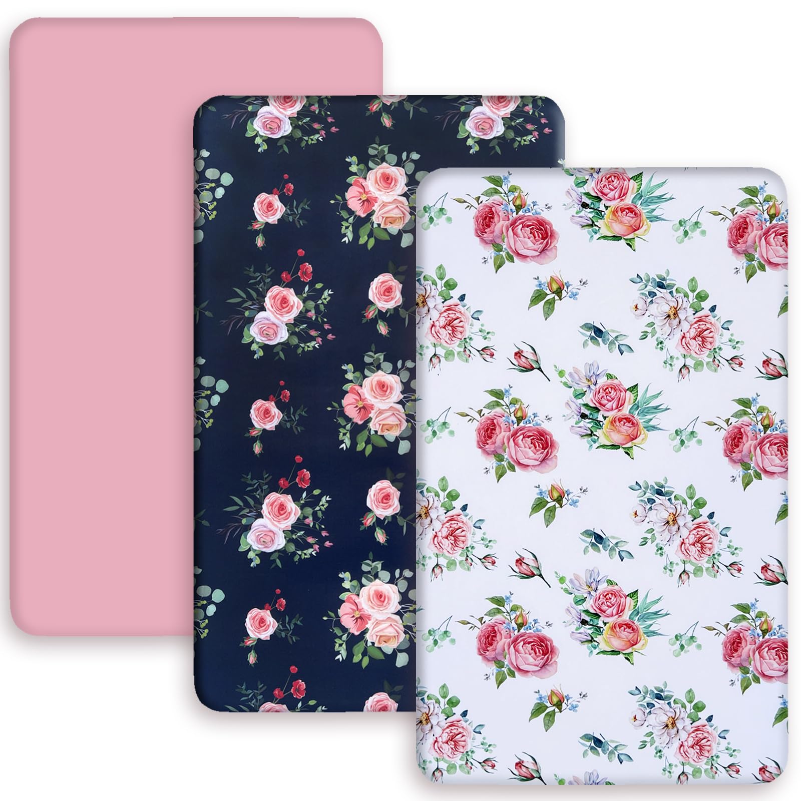AMROSE 3 Pack Soft Floral Mini Crib Sheets, Microfiber Pack N Play Sheets Set for Baby Girls, Silk Touch Gentle Playard Sheet Portable Crib Sheet, Floral Theme