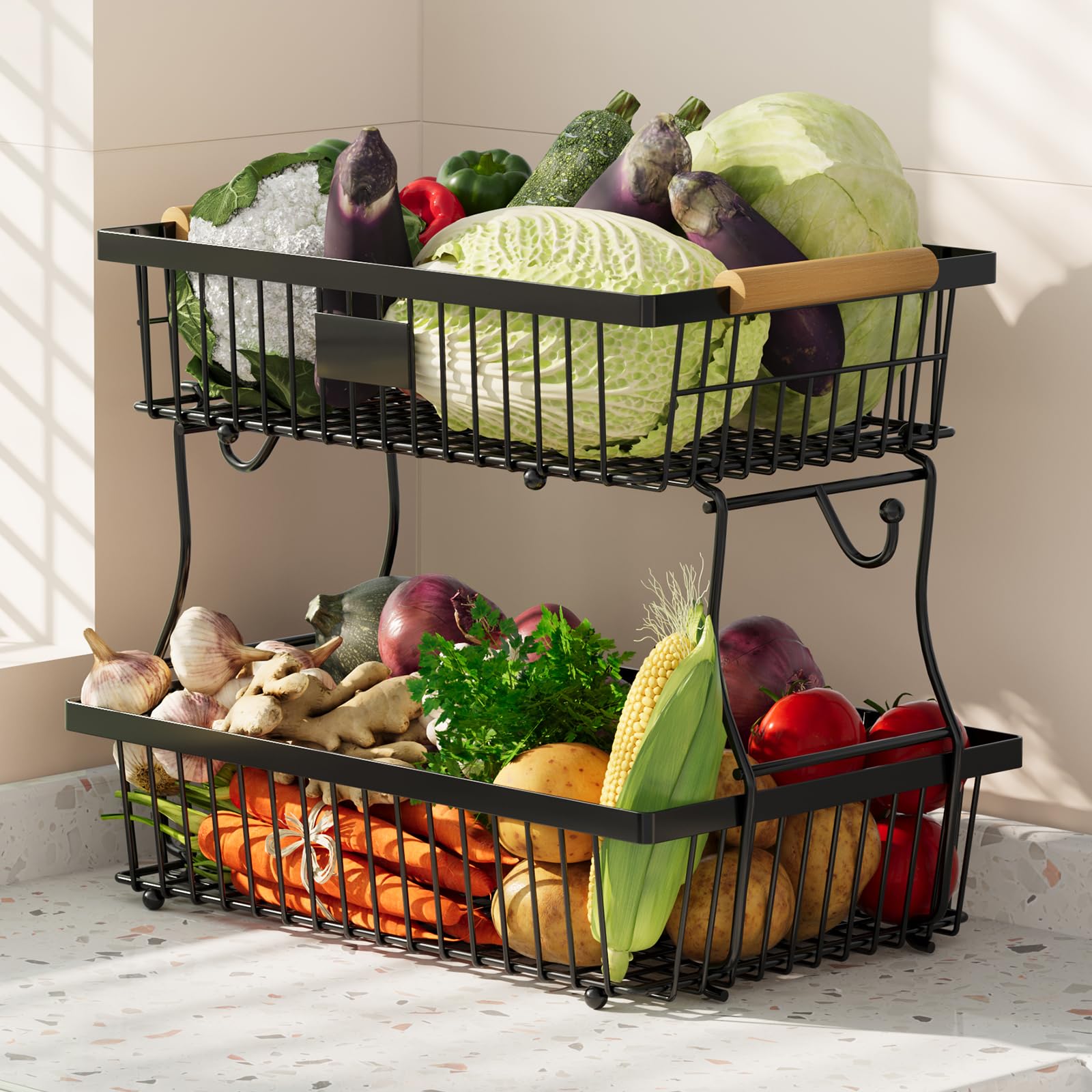 Astrorhine 2 Tier Fruit Basket for Kitchen with 2 Banana Hangers, Detachable Metal Wire Fruit Bowl for Kitchen Counter, Large Capacity Fruit Vegetables Storage Stand Holder for Snack Fruit Veggies