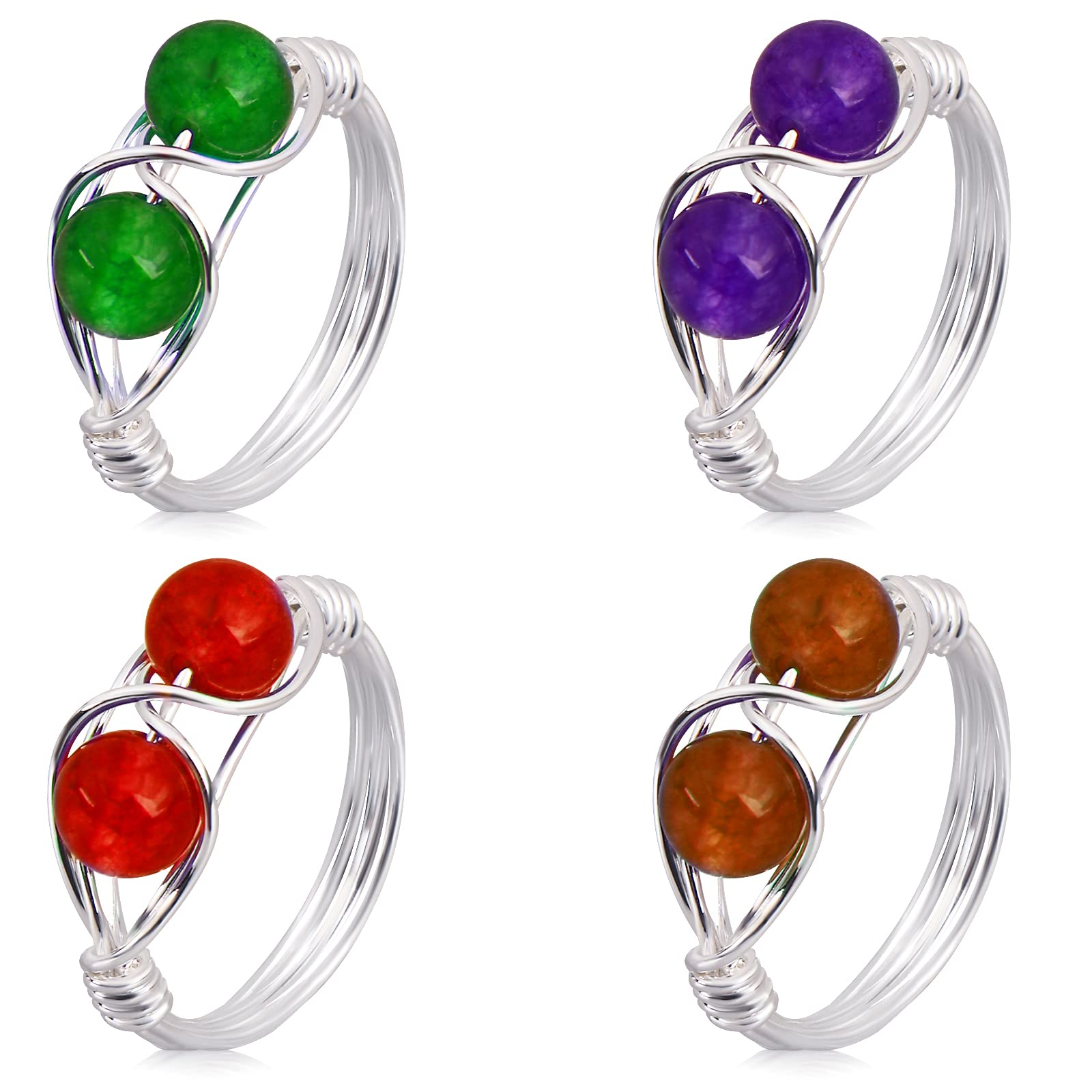 4 Pieces Carnelian Crystal Ring Healing Crystal Silver Rings Women Wire Wrapped Ring with Stones for Women Men Statement Stacking Band Ring Jewelry