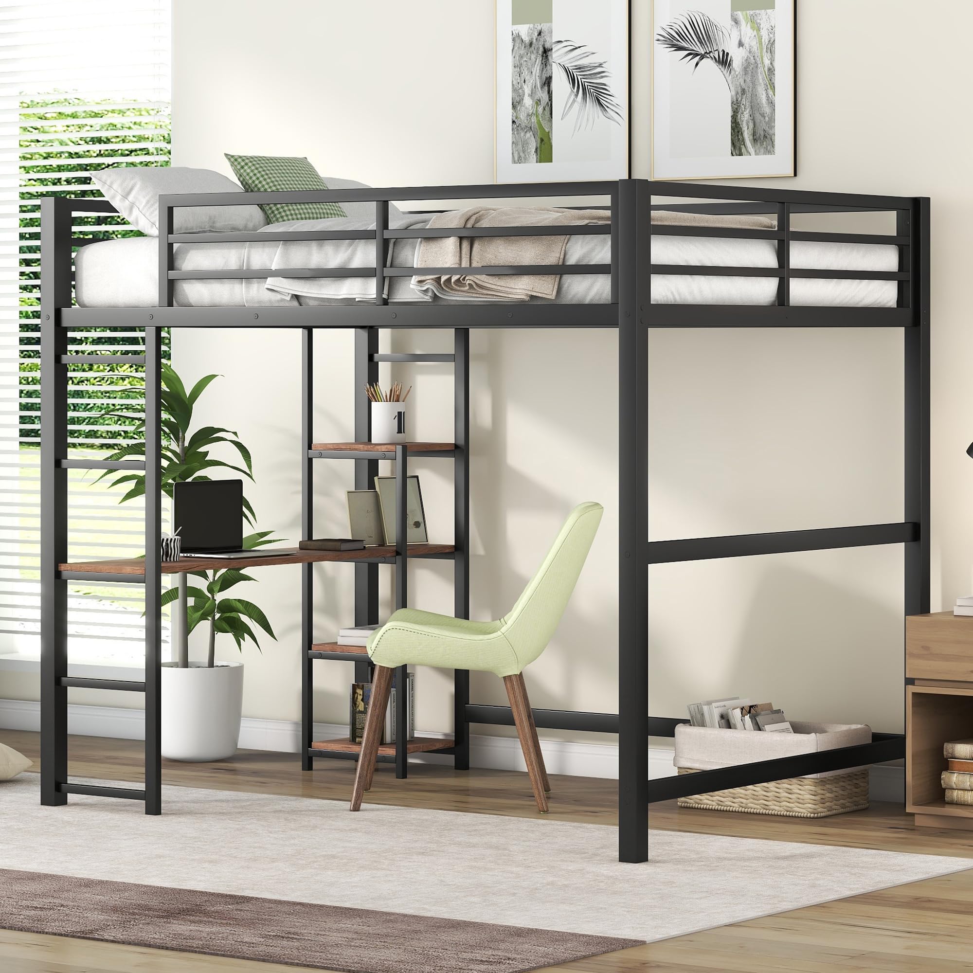 Harper & Bright Designs Full Size Loft Bed with Upper Grid Storage Shelf, Metal Full Loft Bed with Storage Stairs, Space Saving High Loft Bed for Teens Boys Girls,No Box Spring Needed, White