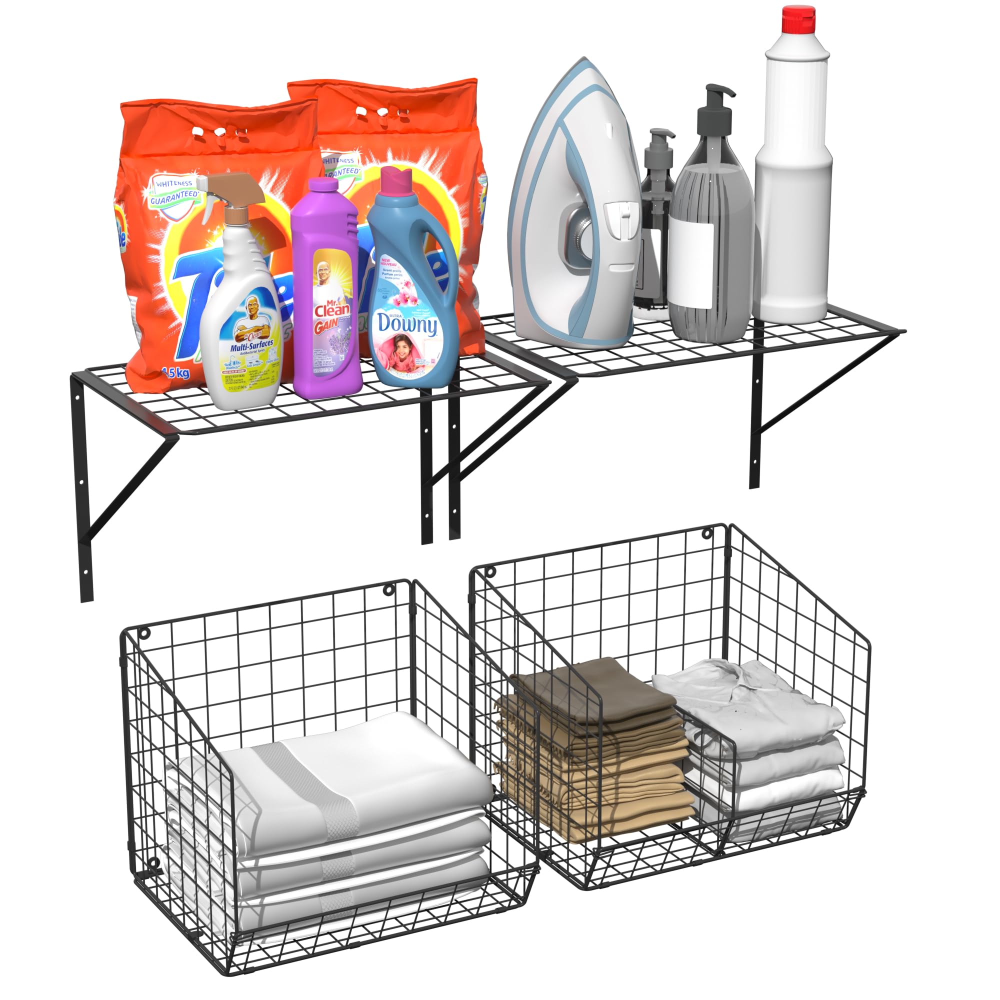 AUATRONNE 4 Pack Laundry Room Shelves Wall Mounted with Wire Baskets, Over Washer and Dryer Shelf, Laundry Room Organizer and Storage with 2 Removable Dividers -Black