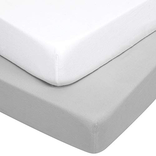 TILLYOU Flannel Cotton Fitted Crib Sheets for Baby Boys Girls, Thermal Warm and Plush Toddler Bed Sheets for All Seasons, Deep Pocket Fits Up to 8” Mattress 28x52, Set of 2, Gray & White