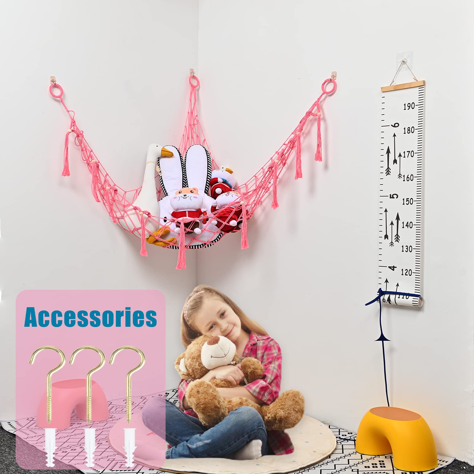 ASunine Stuffed Animal Hammock Large, Stuffed Animal Toy Hammock Net Hanging, Corner Hanging Netting Storage Organizer for Stuffed Animal Toy(Pink)