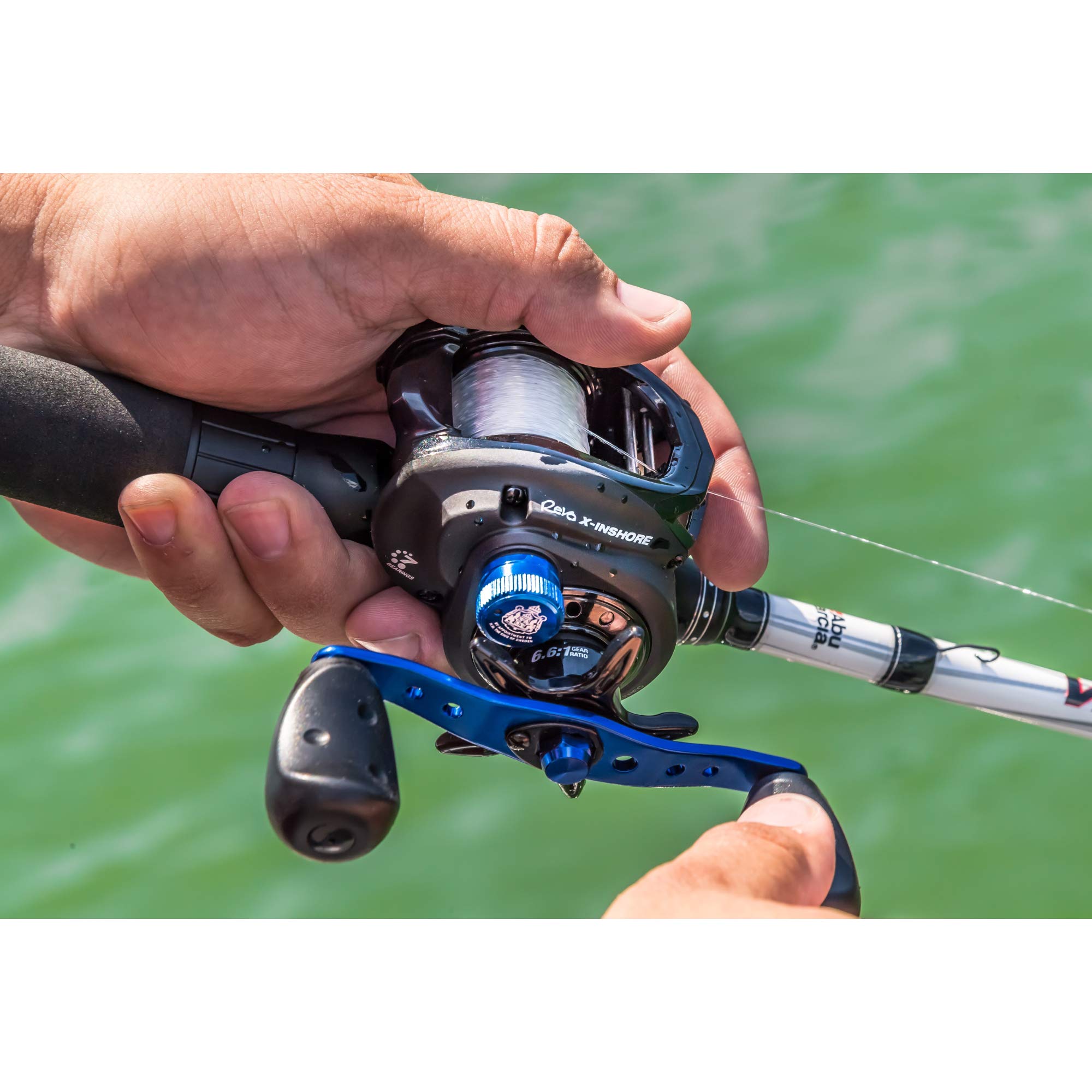 Abu Garcia, Revo X Inshore Low Profile Casting Reel, 6.6:1 Gear Ratio, 7 Bearings, 27" Retrieve Rate. Left Hand