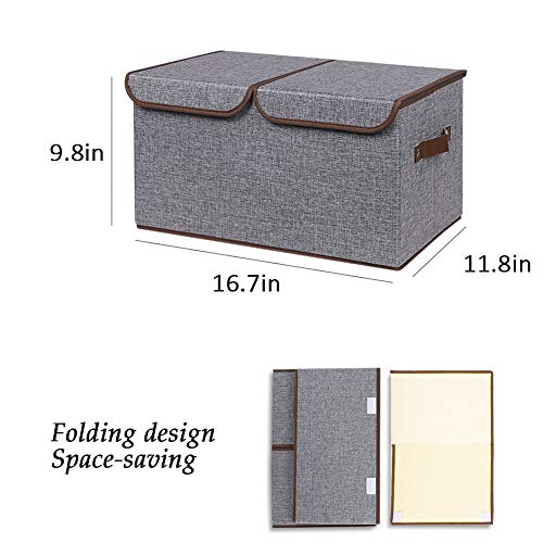 UUJOLY Large Storage Bins Linen Fabric Foldable Basket Cubes Organizer Storage Box Drawer with Lid and Handles for Home, Office, Closet, Bedroom, Nursery (Gray)