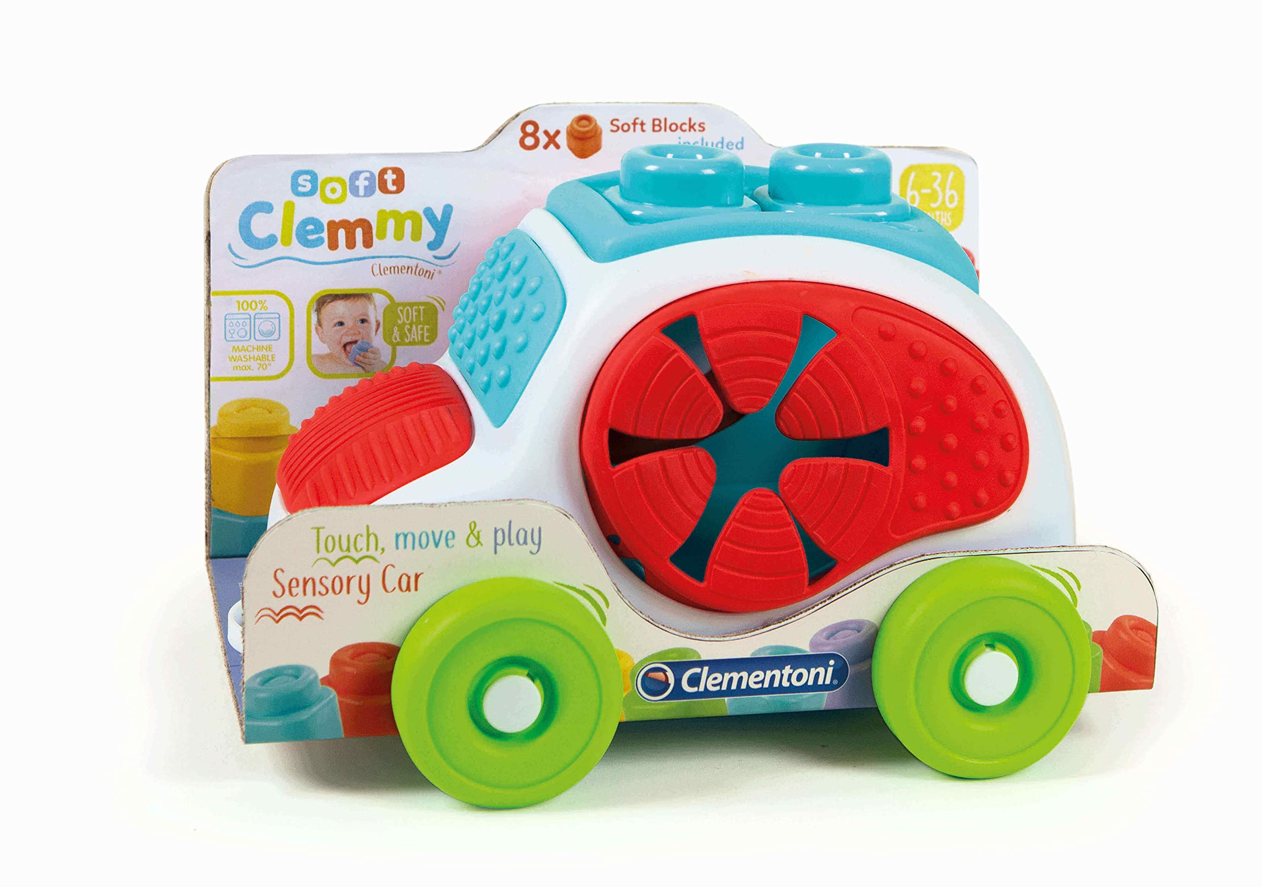 Clementoni- Soft Clemmy Sensory Car: Fun & Developmental Play for Babies & Toddlers, Stimulating Textures, Shapes & Stacking Blocks - Multicolored (6+ Months)