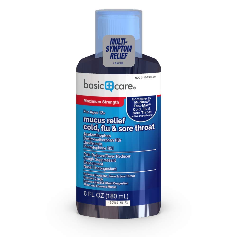 Amazon Basic Care Mucus Relief Cold, Flu & Sore Throat Syrup, Helps Relieve Common Cold and Flu Symptoms, 6 fl Oz (Pack of 1)