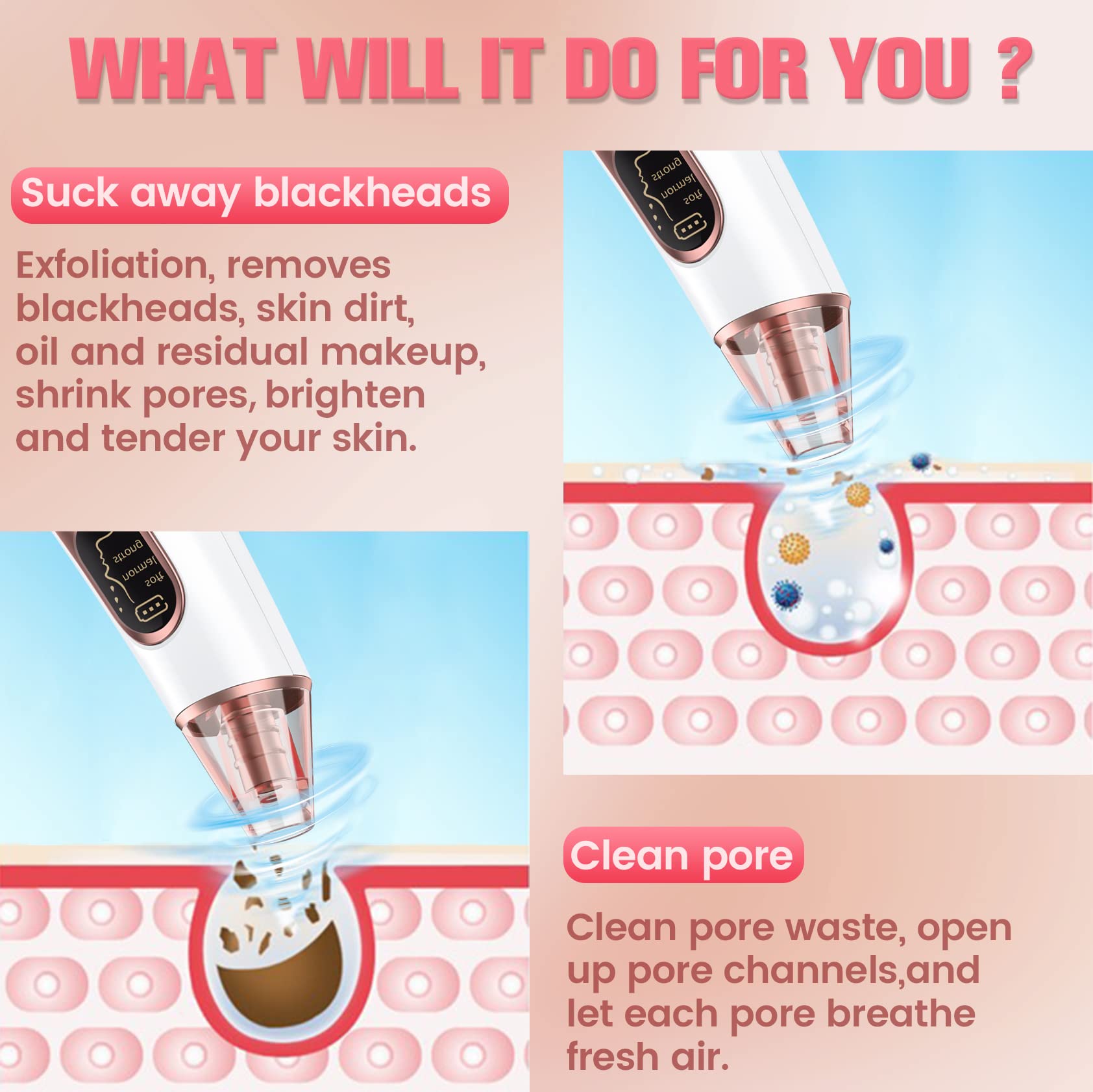 Blackhead Remover Pore Vacuum - LED Screen & USB Rechargeable Facial Pore Cleaner, Comedone Extractor Tool,Acne Extractor Tool with 3 Suction Power,4 Probes Black Head Remover for Face for Women & Men
