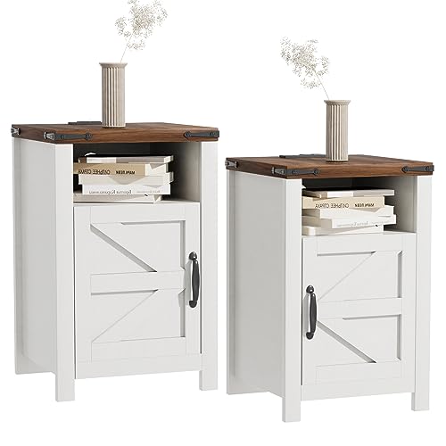 Breezestival Farmhouse Nightstand, End Table with USB and Socket, Wooden Side Table with Barn Door, Set of 2 with Storage Space, Suitable for Bedroom,Living Room, White