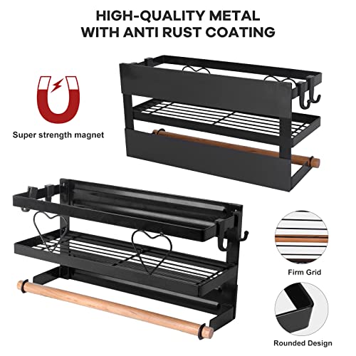 Graehn Magnetic Shelf for Refrigerator Paper Towel Holder Wall Mount Magnetic Spice Rack for Refrigerator Washing Machine Microwave OvenĀ Organizer for Kitchen 4 Hooks (Black)