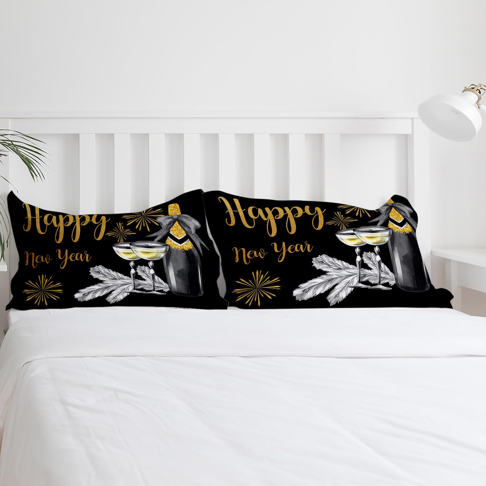 ZOE GARDEN Happy New Year Bed Duvet Cover Queen Size, Washed Patterned Textured Duvet Cover Sets with Zipper & Tiers, Microfiber Soft Comforter Thick Luxury Quilt Cover Black Gold Silver