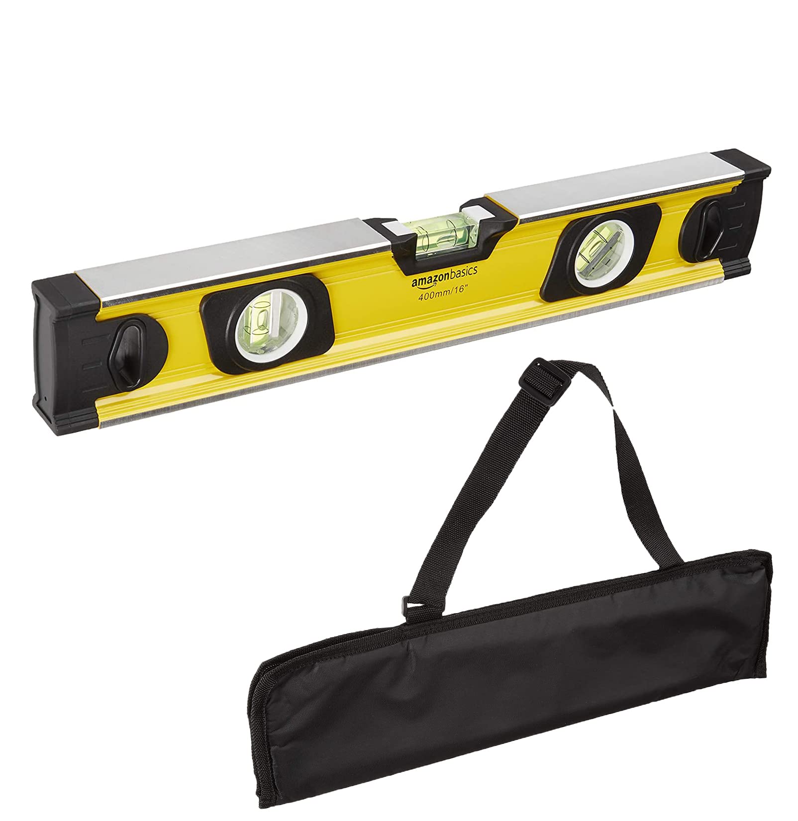 Amazon Basics 16-Inch Heavy-Duty, Shock-Resistant Aluminum Alloy Magnetic Spirit Level with Adjustable Carrying Bag