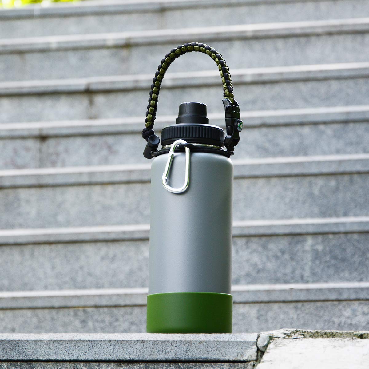 Affute Paracord Handle for Hydroflask Wide Mouth Bottles, with Safety Ring and Carabiner, Plus one Protective Silicone Sleeve, Best Value Set (32-40oz, Army Green)