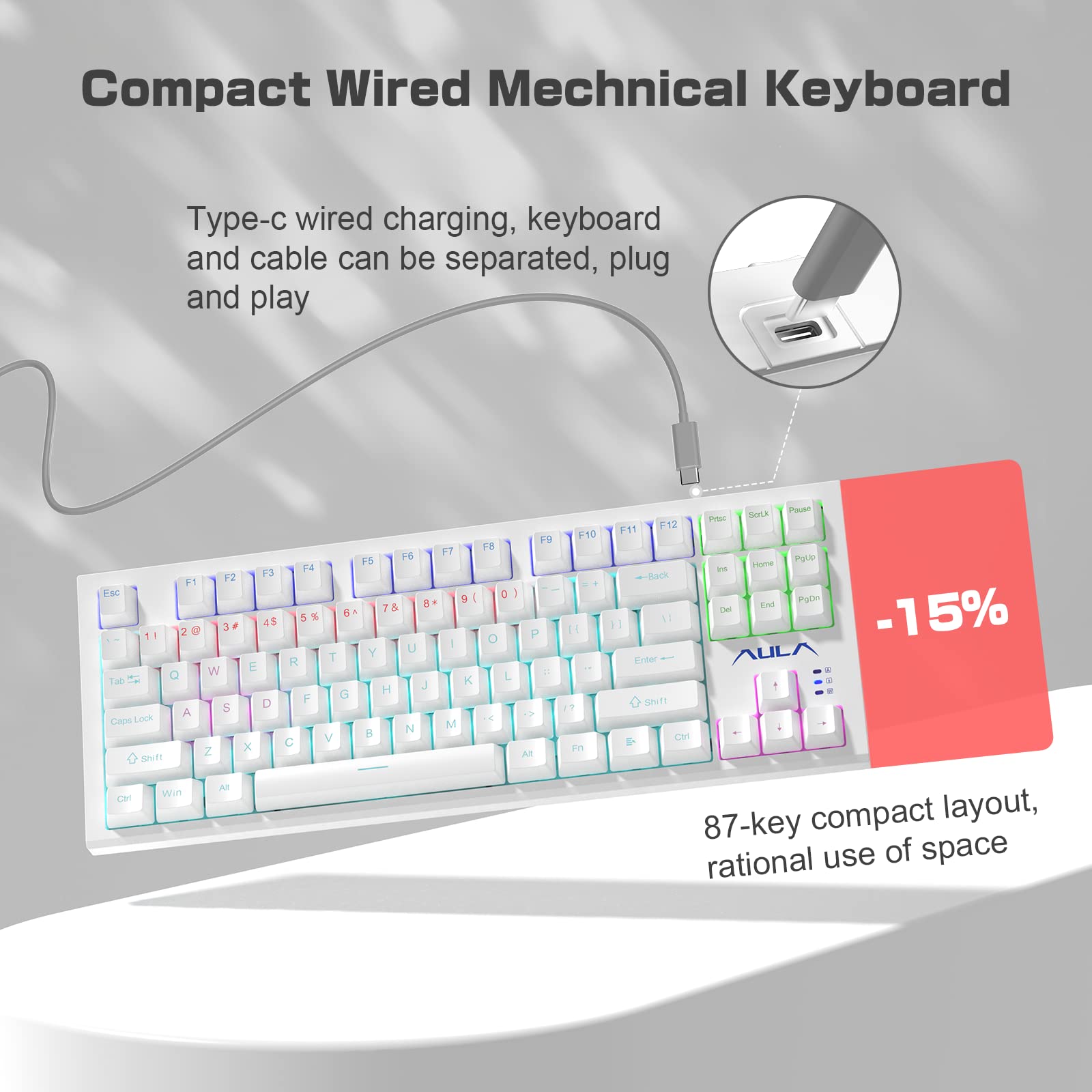 AULA Mechanical Keyboard, 87 Keys RGB Backlight Gaming Keyboard, Compact Wired Computer Keyboards for Windows PC (White, Brown Switch)