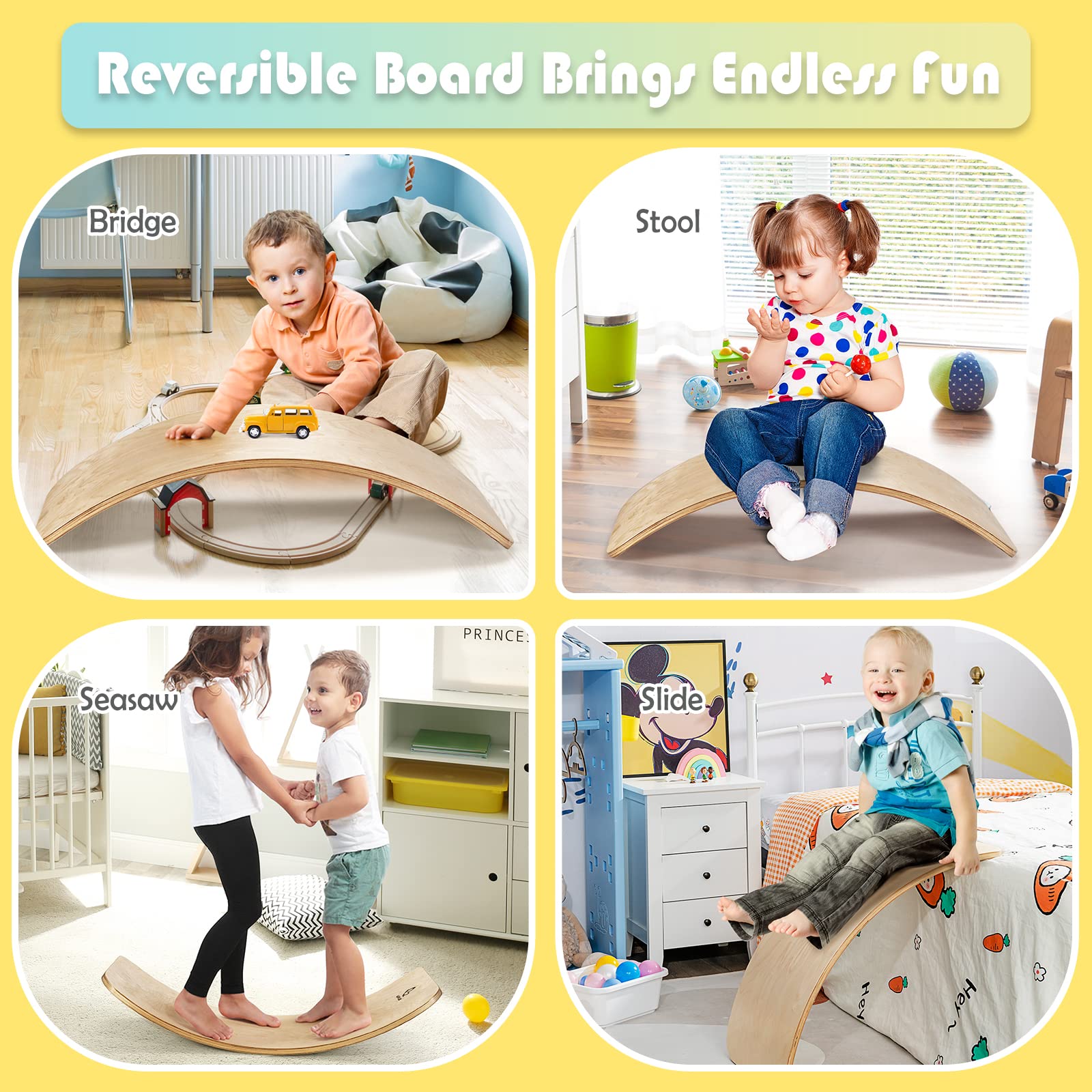 Goplus Wobble Board, 35Inch Wooden Balance Board for Kids & Adults Support 660LBS, Toddler Open-Ended Learning Toy Yoga Curvy Rocker Board for Balance Training, Home Exercise (15.5 INCH Width)