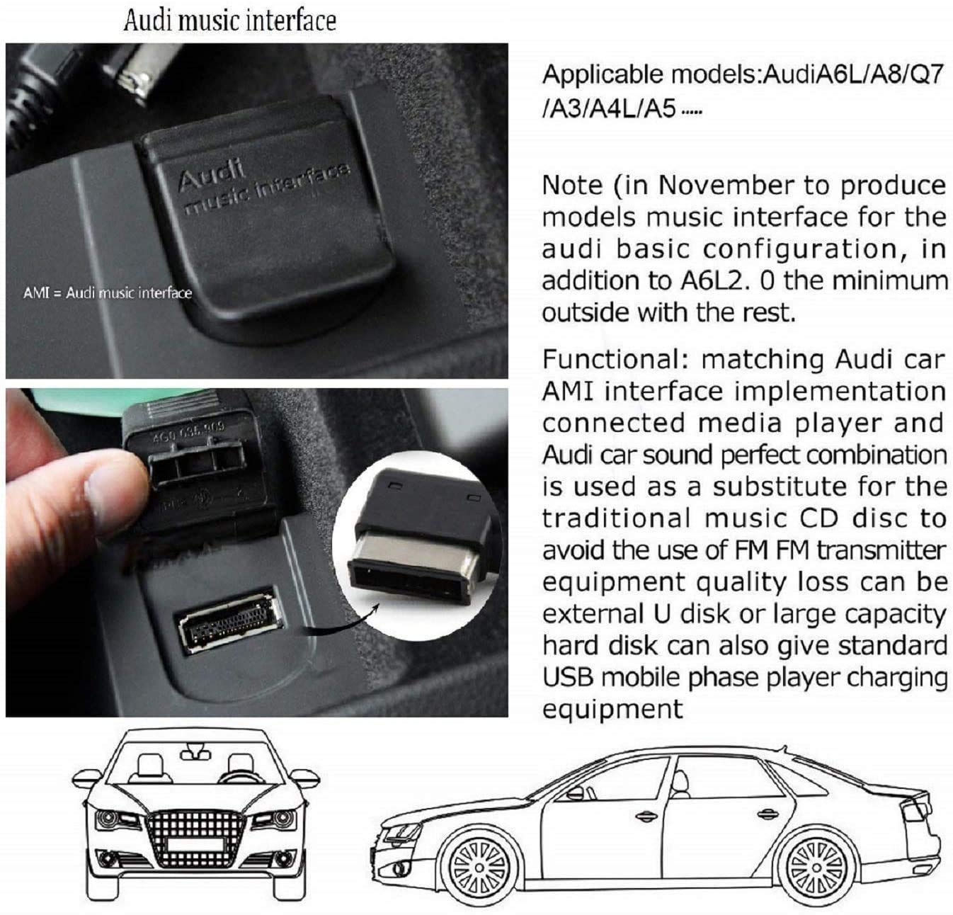 Car Audio Charging Adapter Cord Compatible with Apple iPhone 14 13 12 11 Xs Max XR X 8 7 6 for Audi A3/A4/A5/A6/A8/S4/S6/S8/TT, AMI MMI MDI Aux Interface Dongle for VW Tiguan CC Magotan