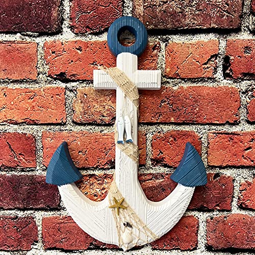 Rainbow Handcrafts Nautical Rustic Wooden Anchor with Rope Crosses Wall Art Decor,Boat Wheel,Hanging Wood Crossbar Anchor Decorative Home Bathroom Office Beach Theme Decoration 18''H (White)