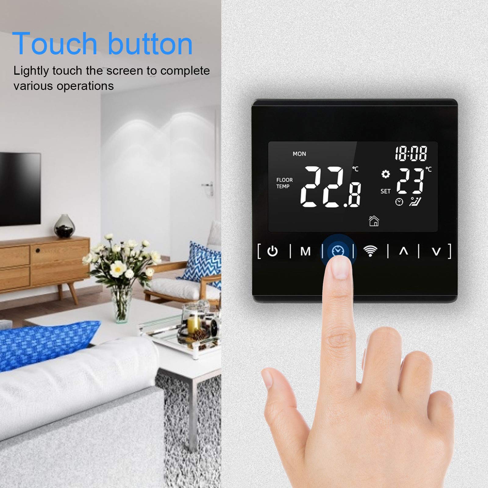 AC 85V~265V WiFi Smart Thermostat,Electric Floor Heating Temperature Controller Digital Touch Screen LCD Display Easy to Read