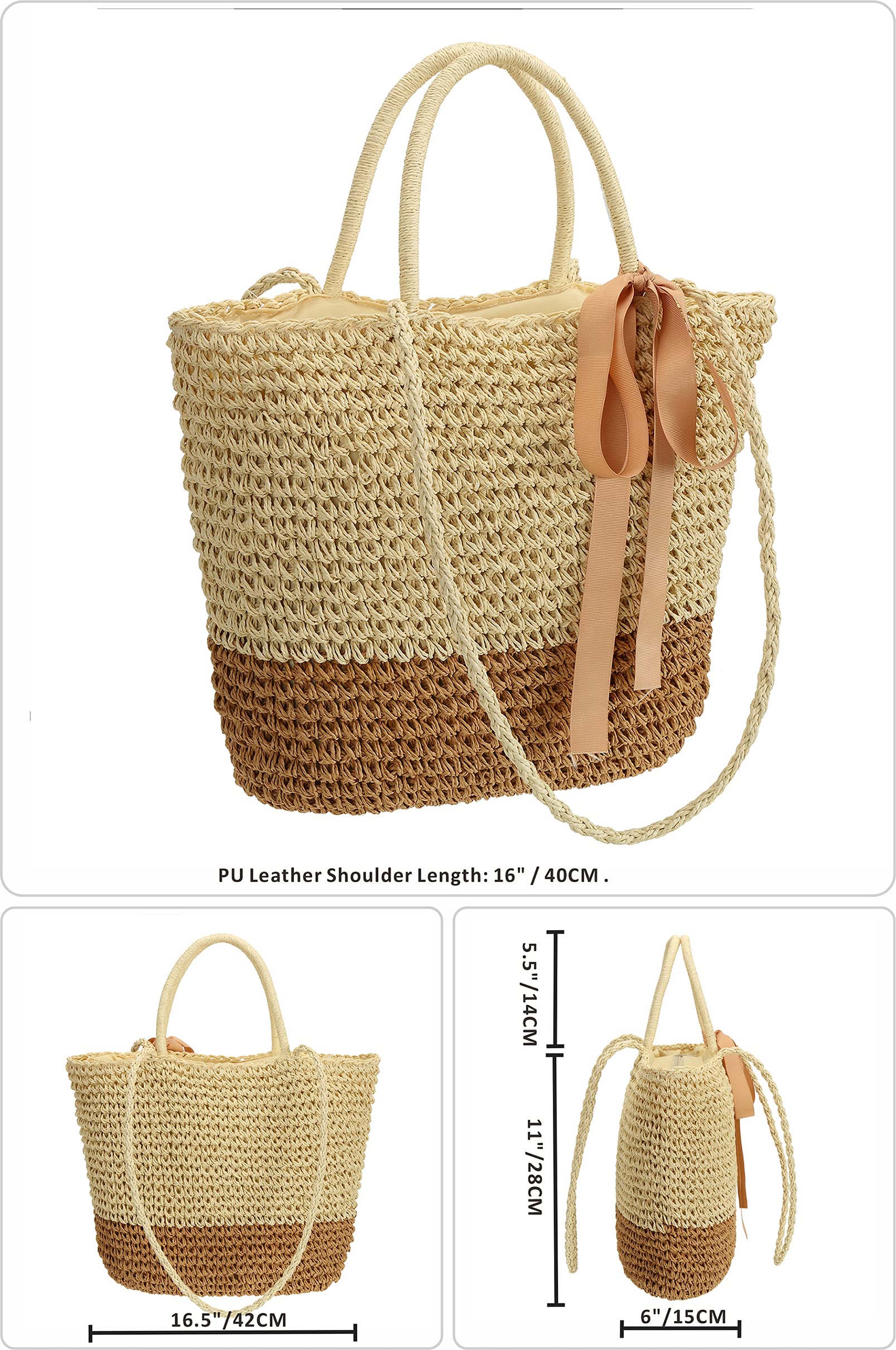 So'each Women's Handbag Color Matching Bow Wicker Woven Rattan Straw Tote Shoulder Bag Beige